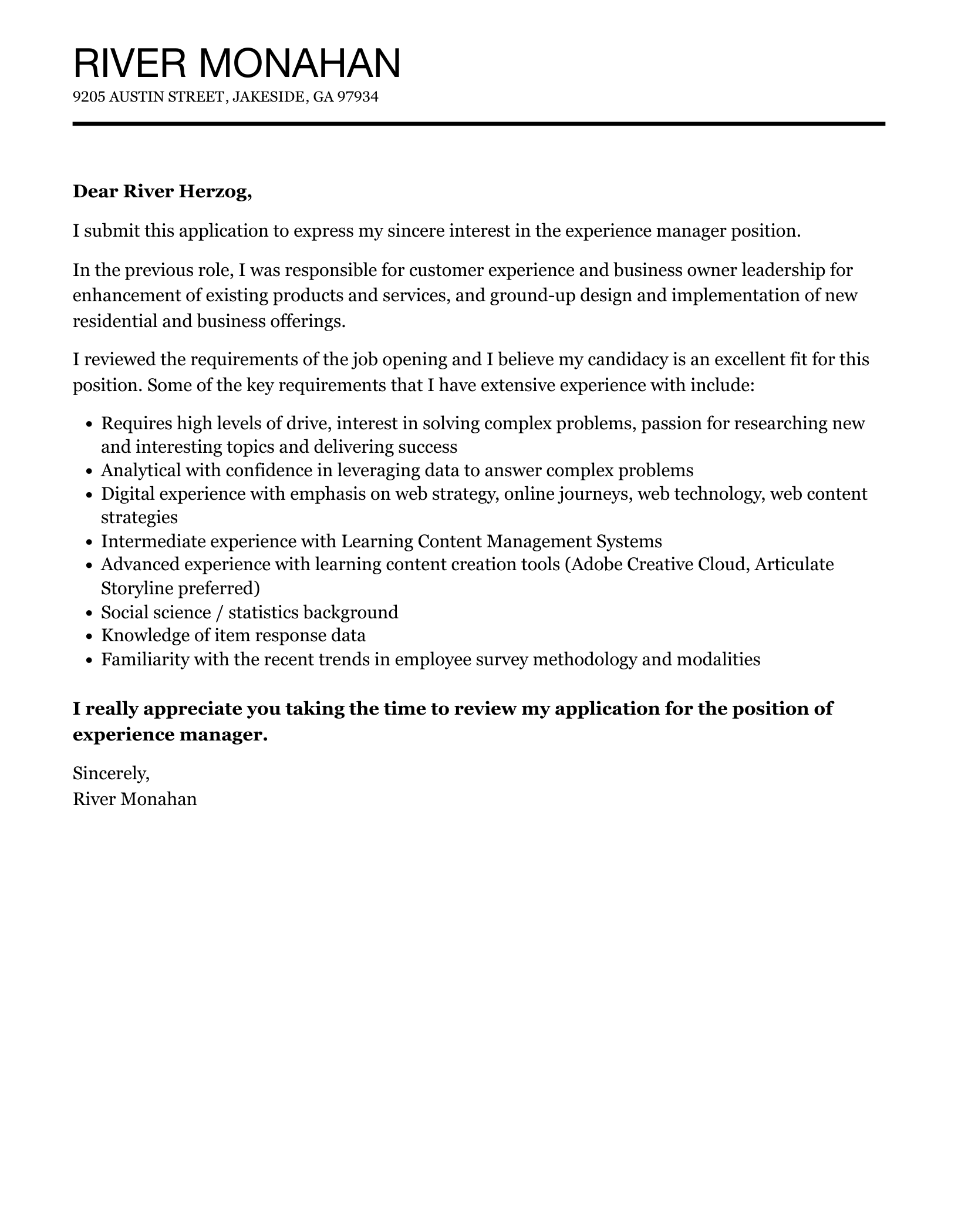 Experience Manager Cover Letter Velvet Jobs
