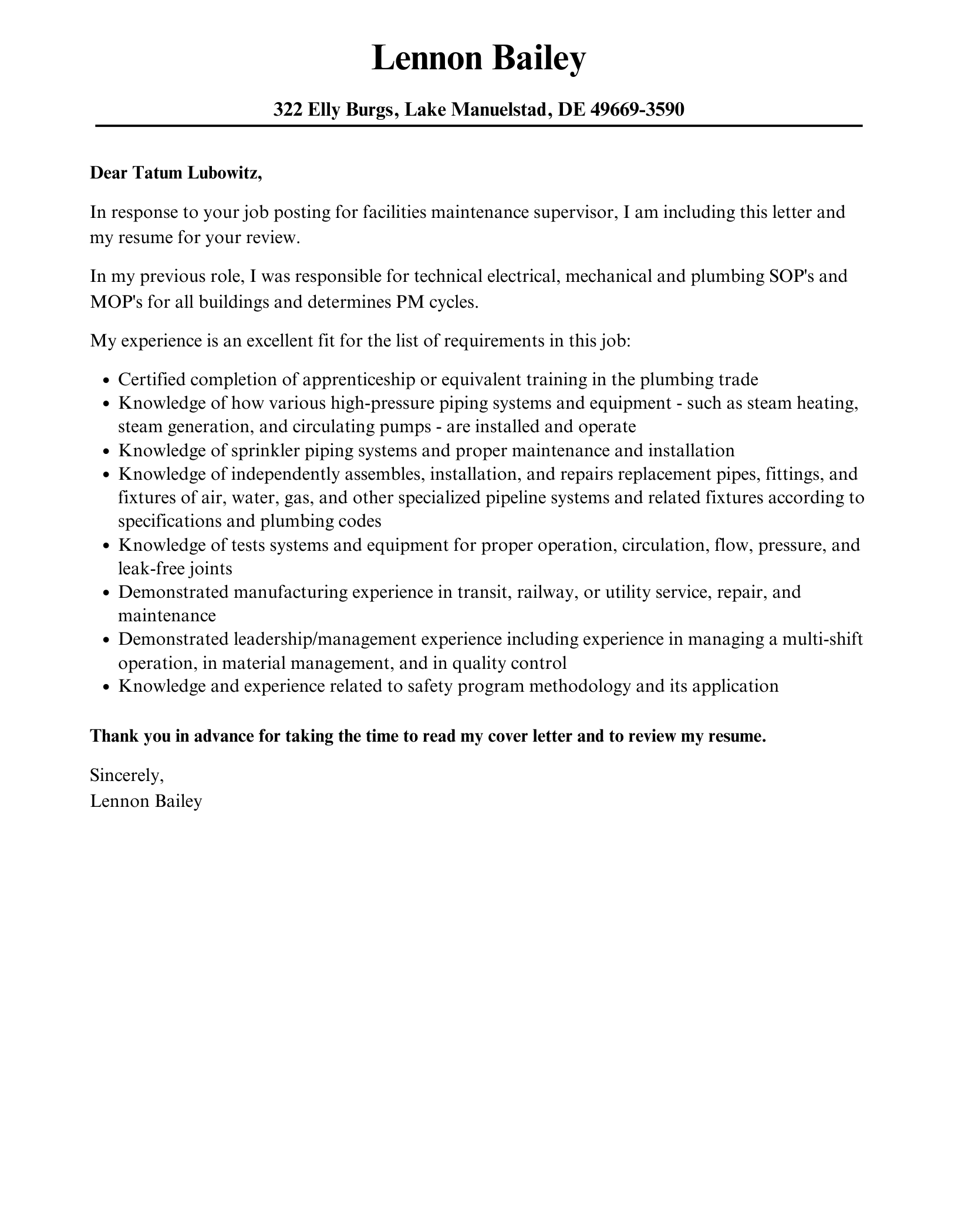Facilities Maintenance Supervisor Cover Letter Velvet Jobs