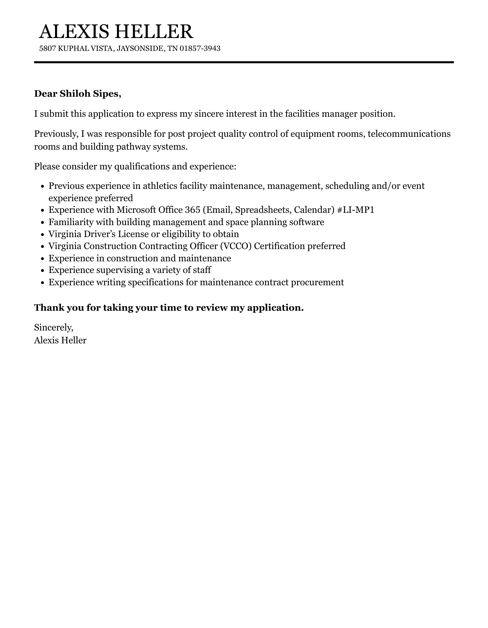 Facilities Manager Cover Letter Velvet Jobs