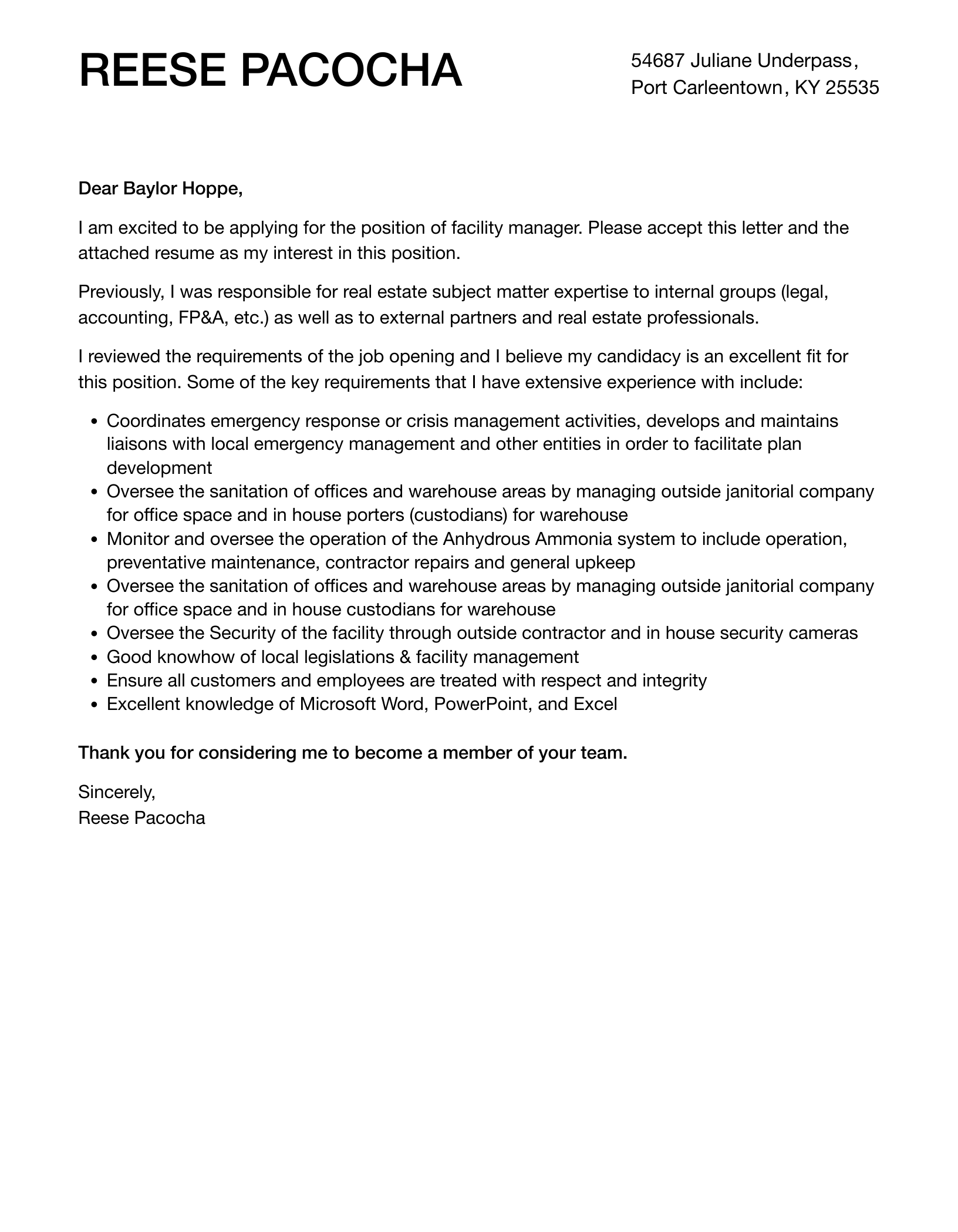 Facility Manager Cover Letter Velvet Jobs