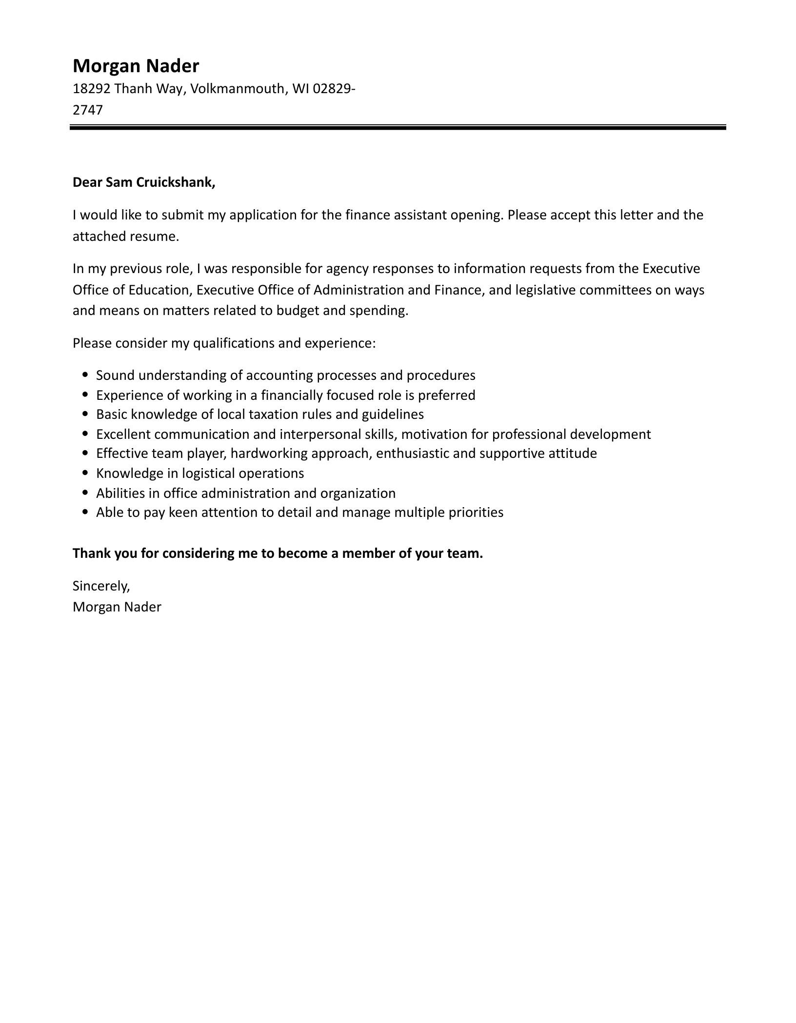 Finance Assistant Cover Letter Velvet Jobs