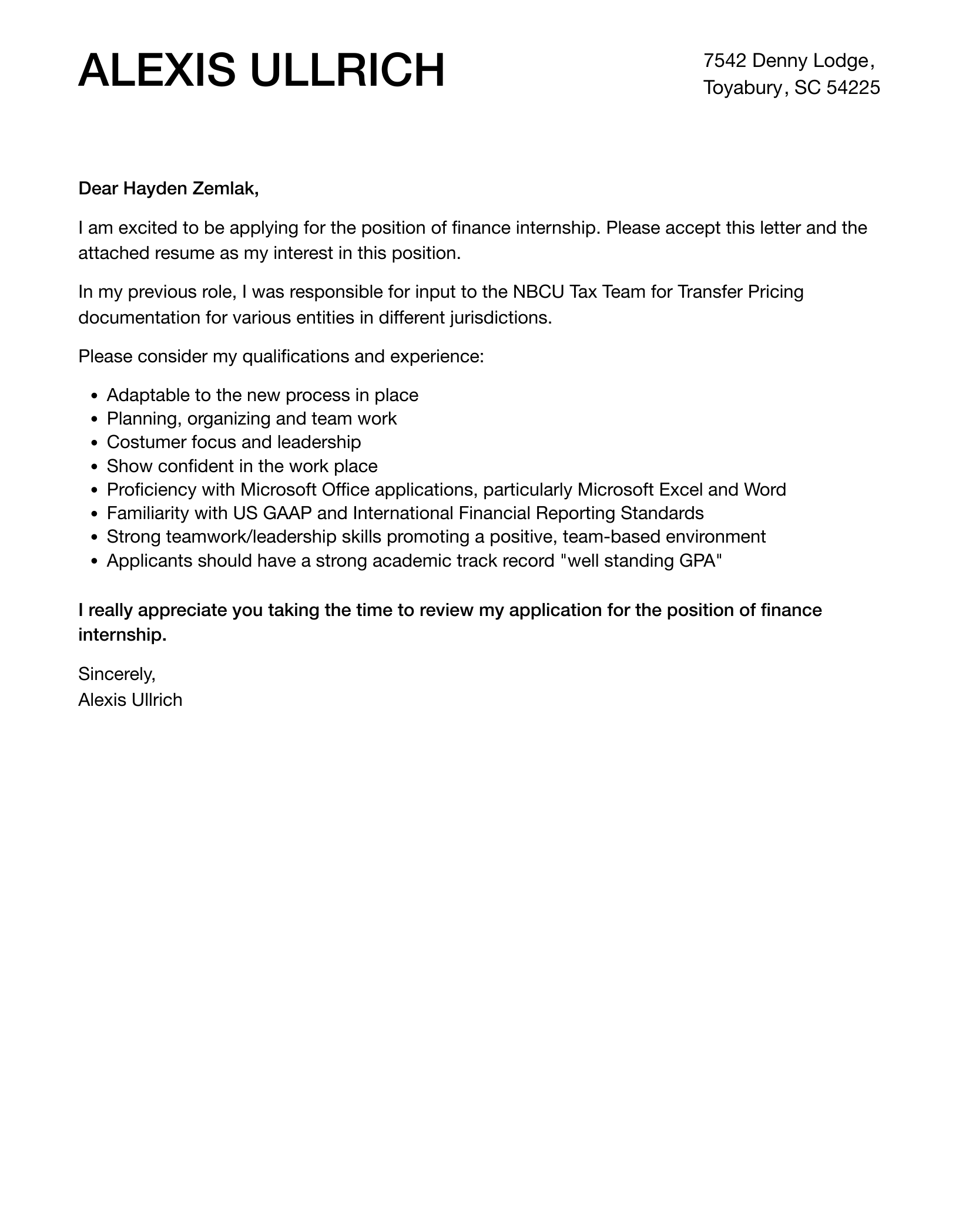 Finance Intern Cover Letter Sample College Resume Examples CV Resume 