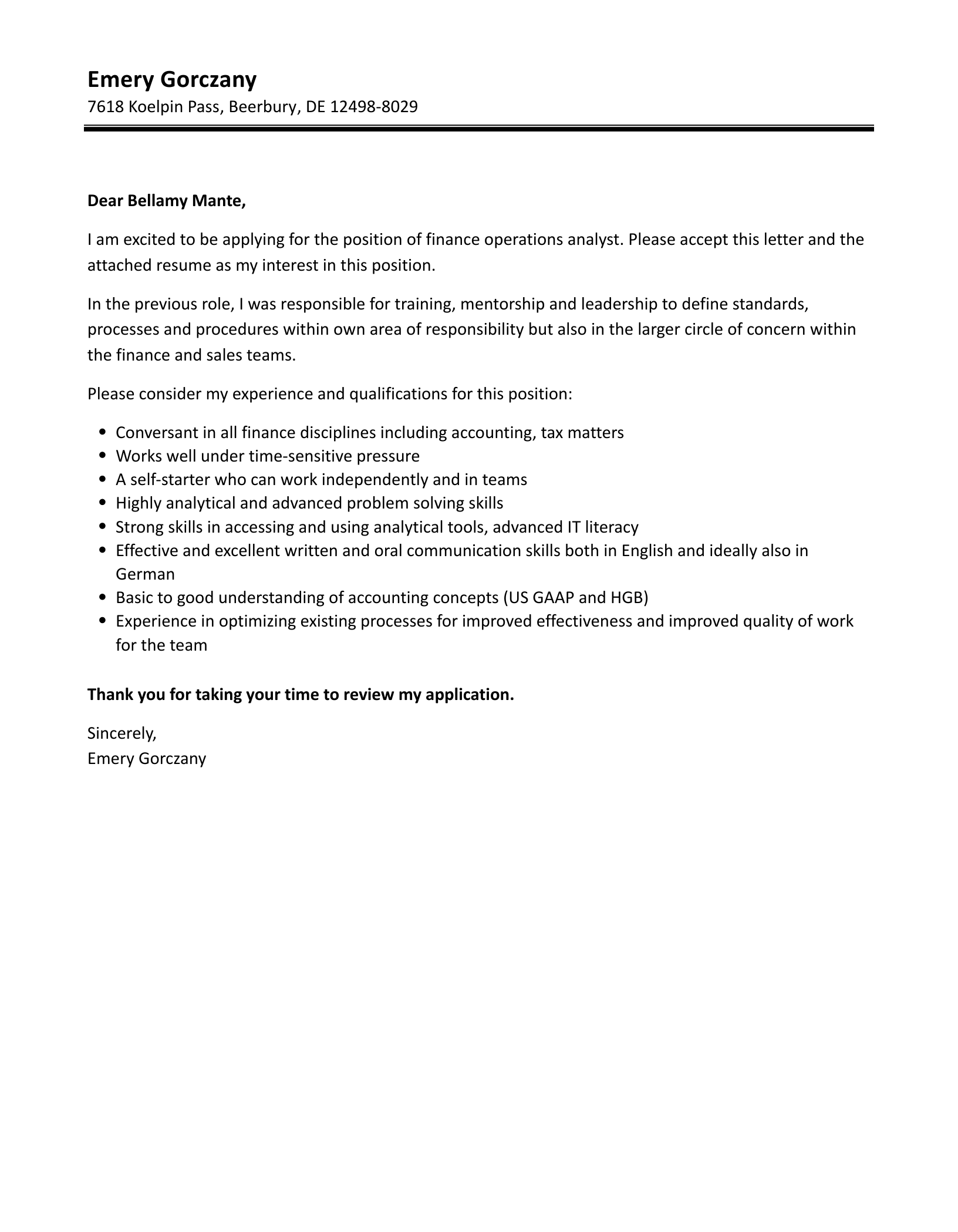 Finance Operations Analyst Cover Letter Velvet Jobs