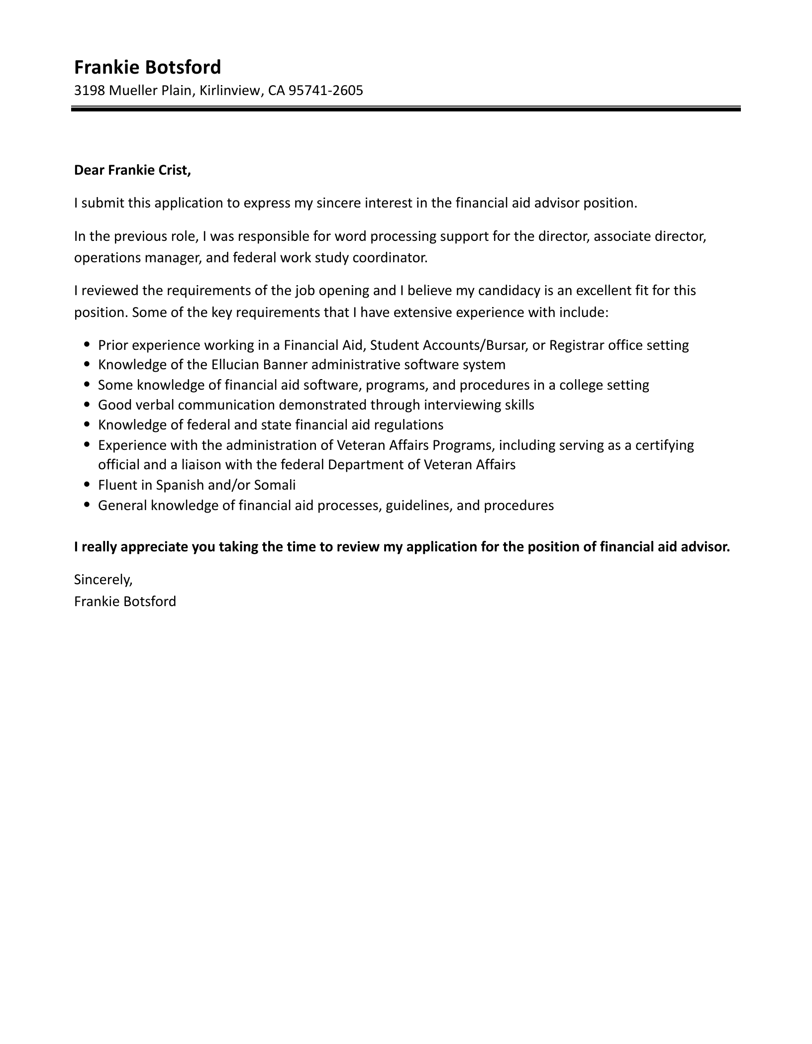 Financial Aid Advisor Cover Letter Velvet Jobs