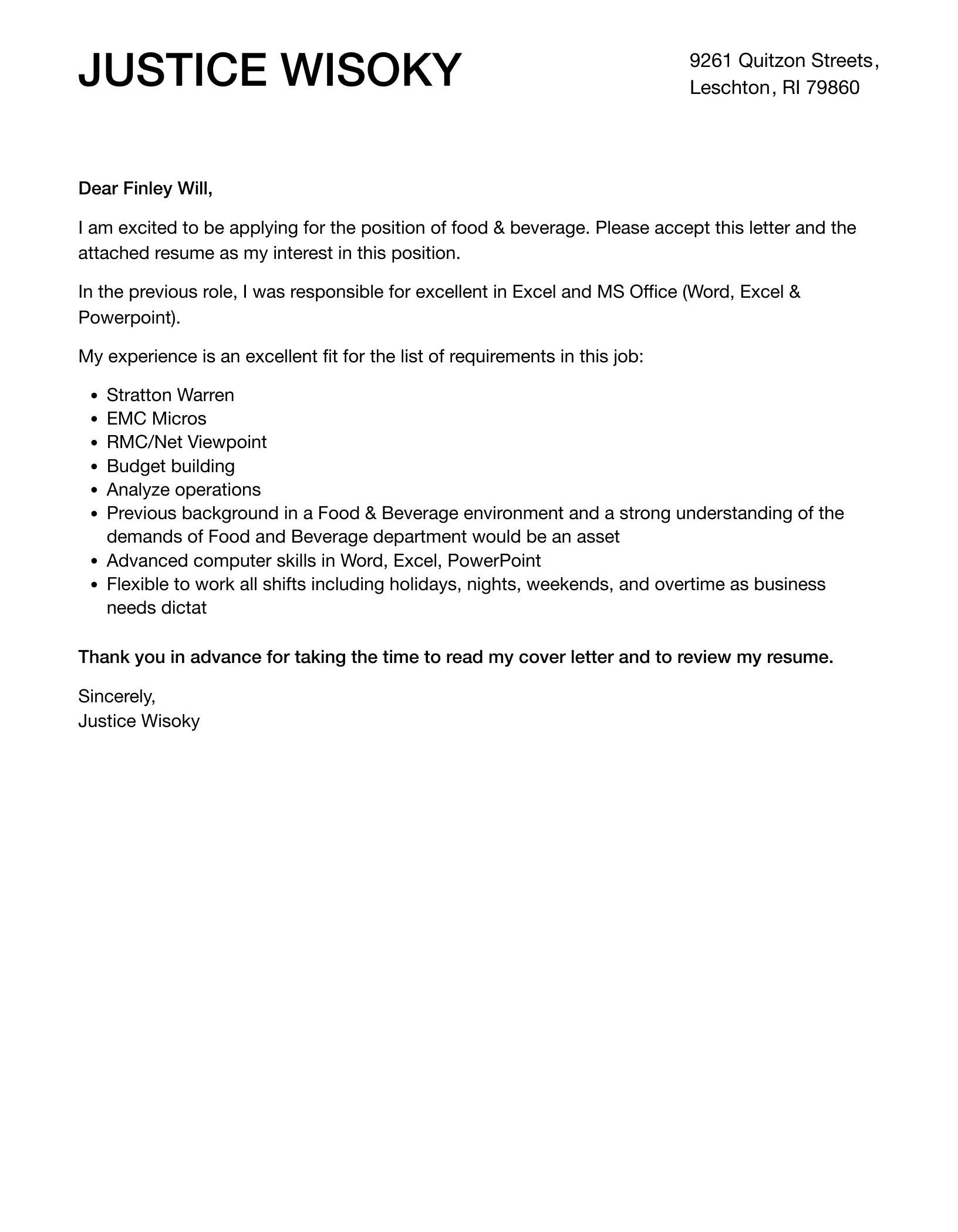 Food Beverage Cover Letter Velvet Jobs