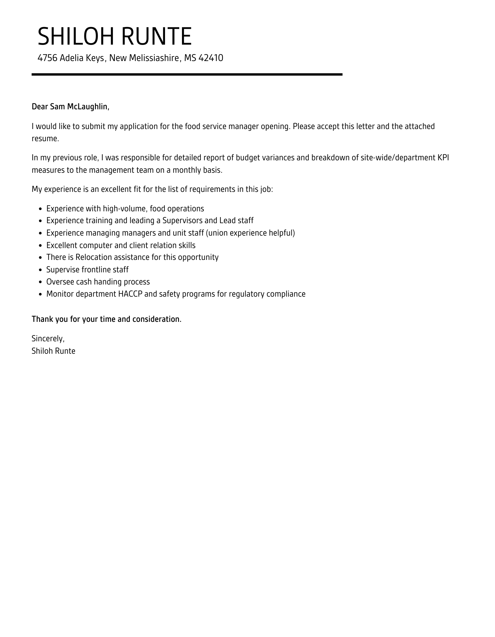 Food Service Manager Cover Letter Velvet Jobs