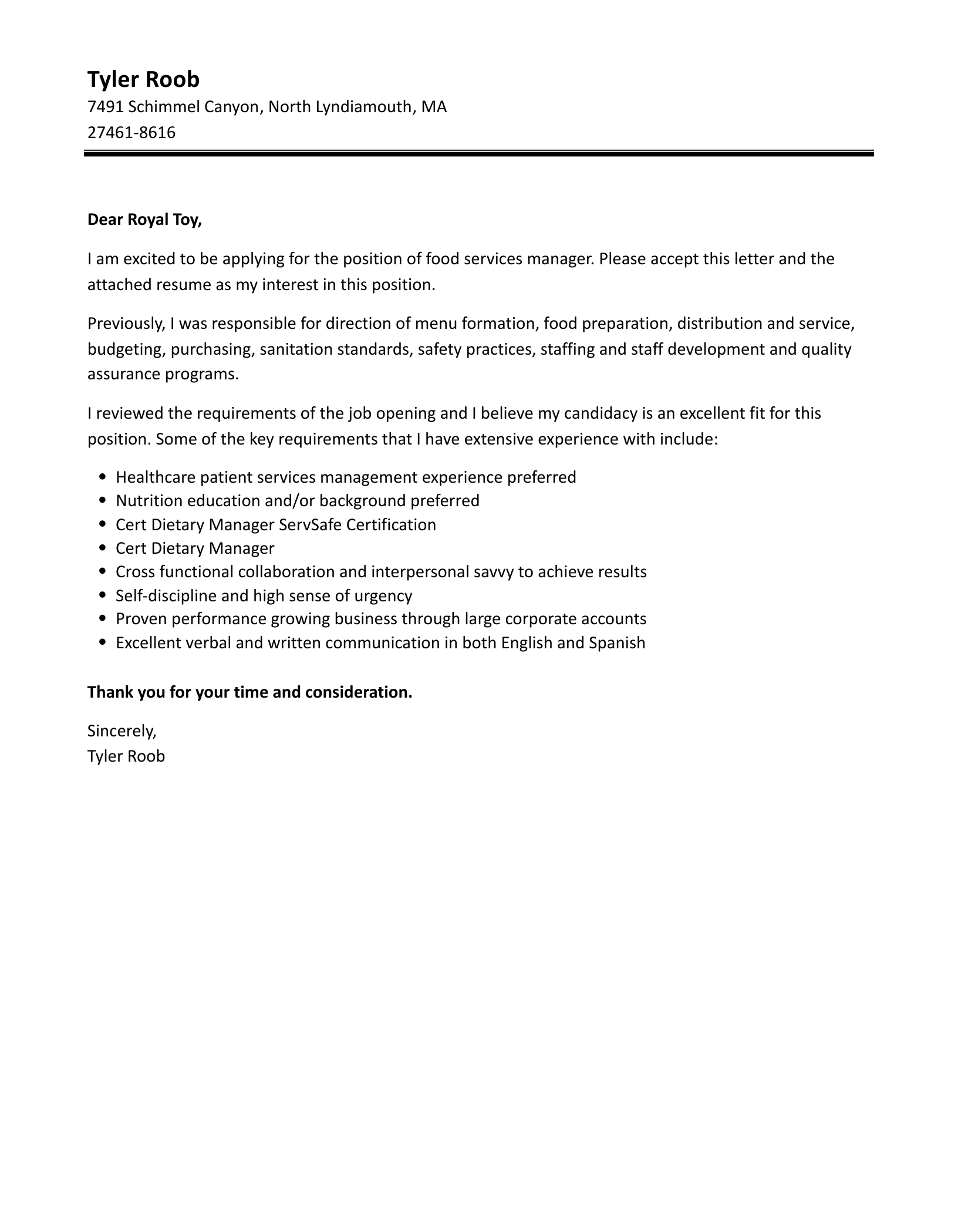 Food Services Manager Cover Letter Velvet Jobs
