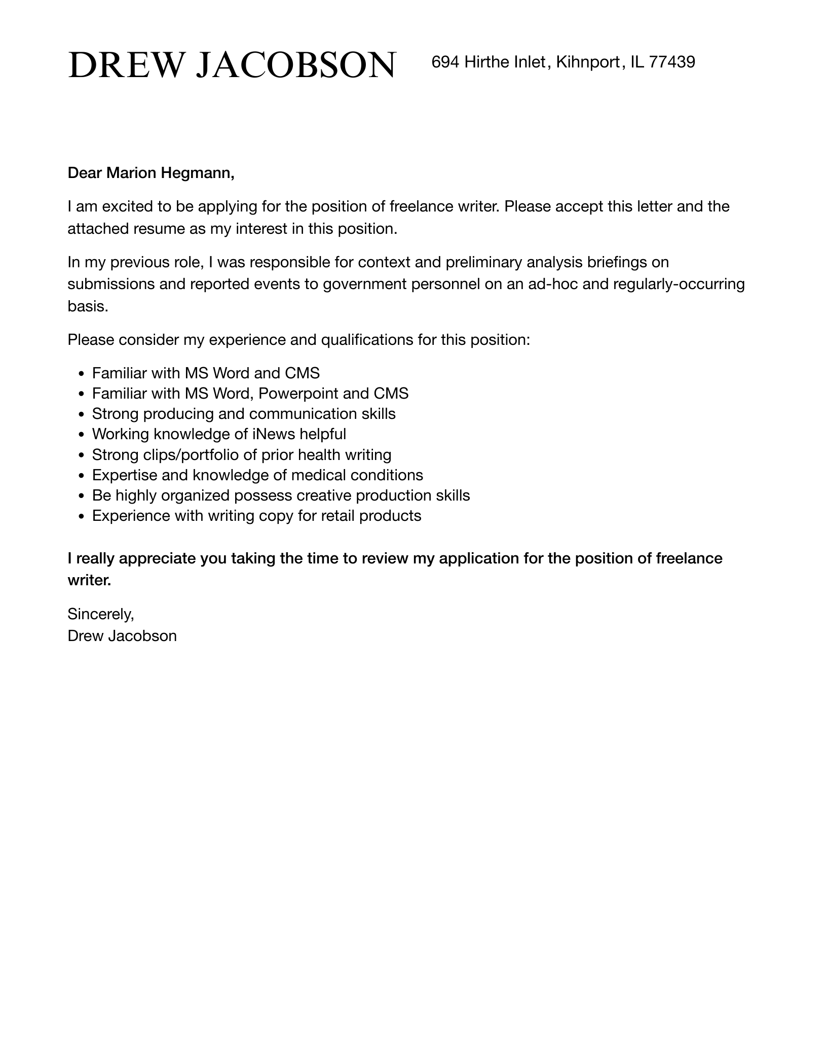 Freelance Writer Cover Letter Velvet Jobs