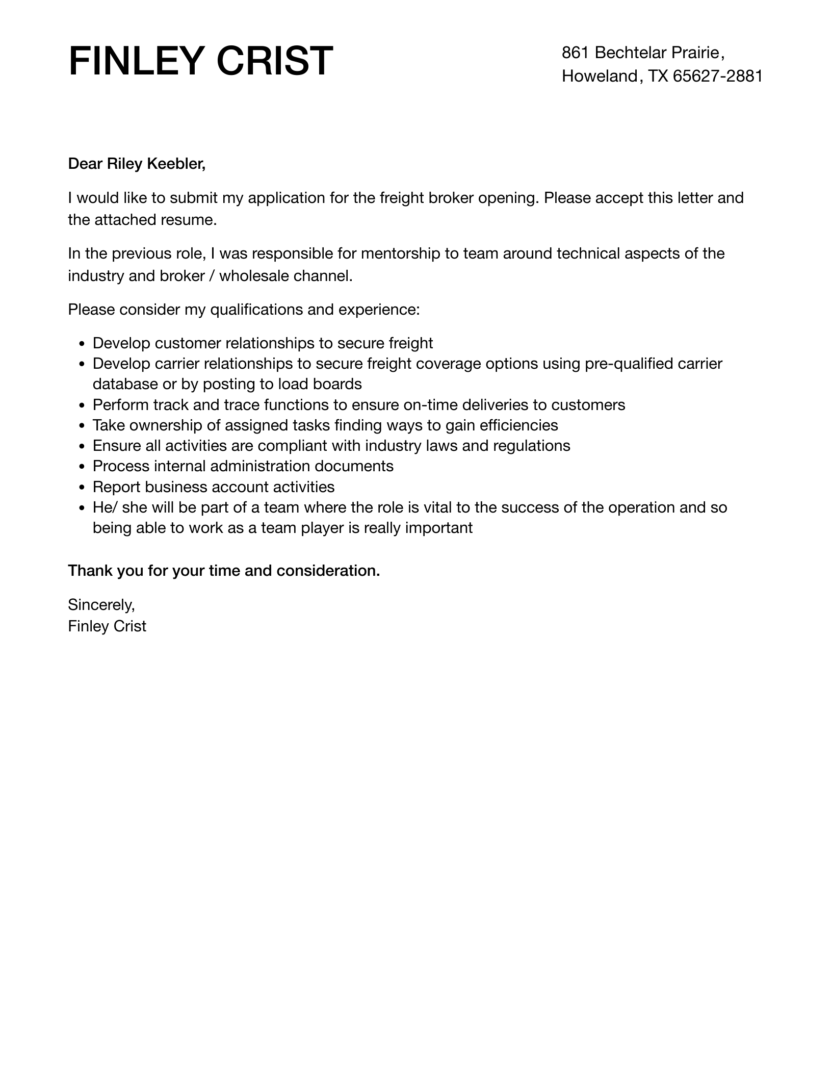 Freight Broker Cover Letter Velvet Jobs