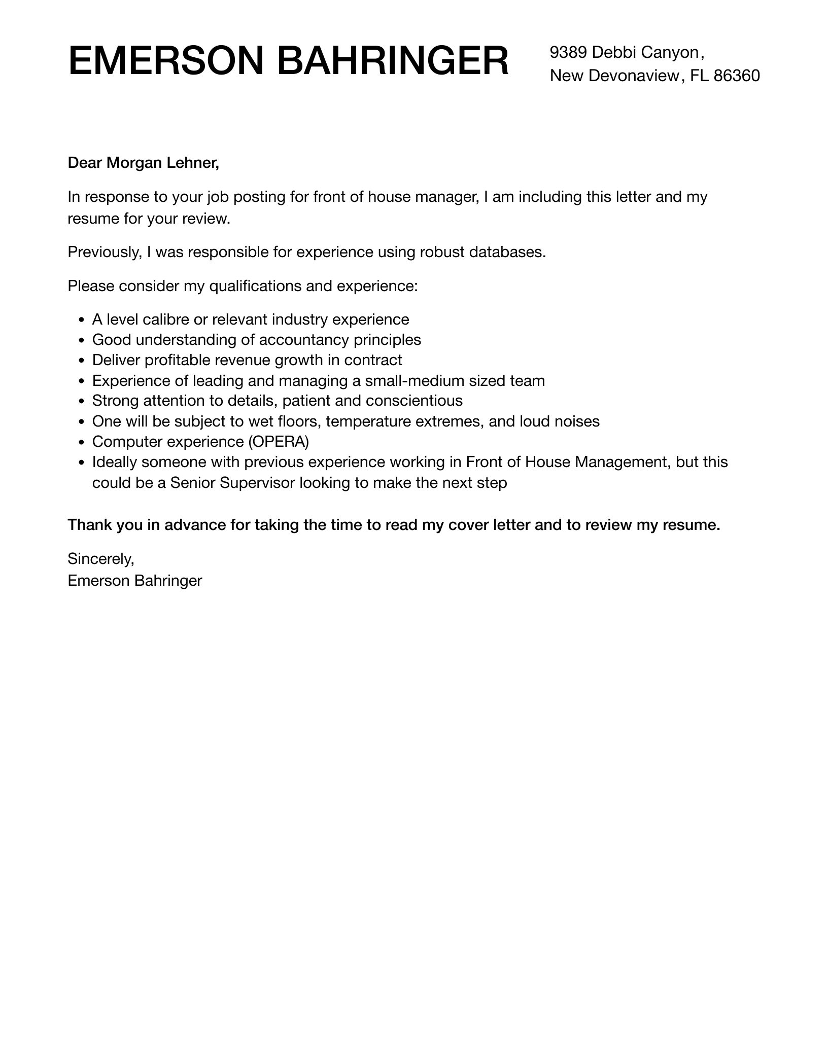 Front Of House Manager Cover Letter Velvet Jobs