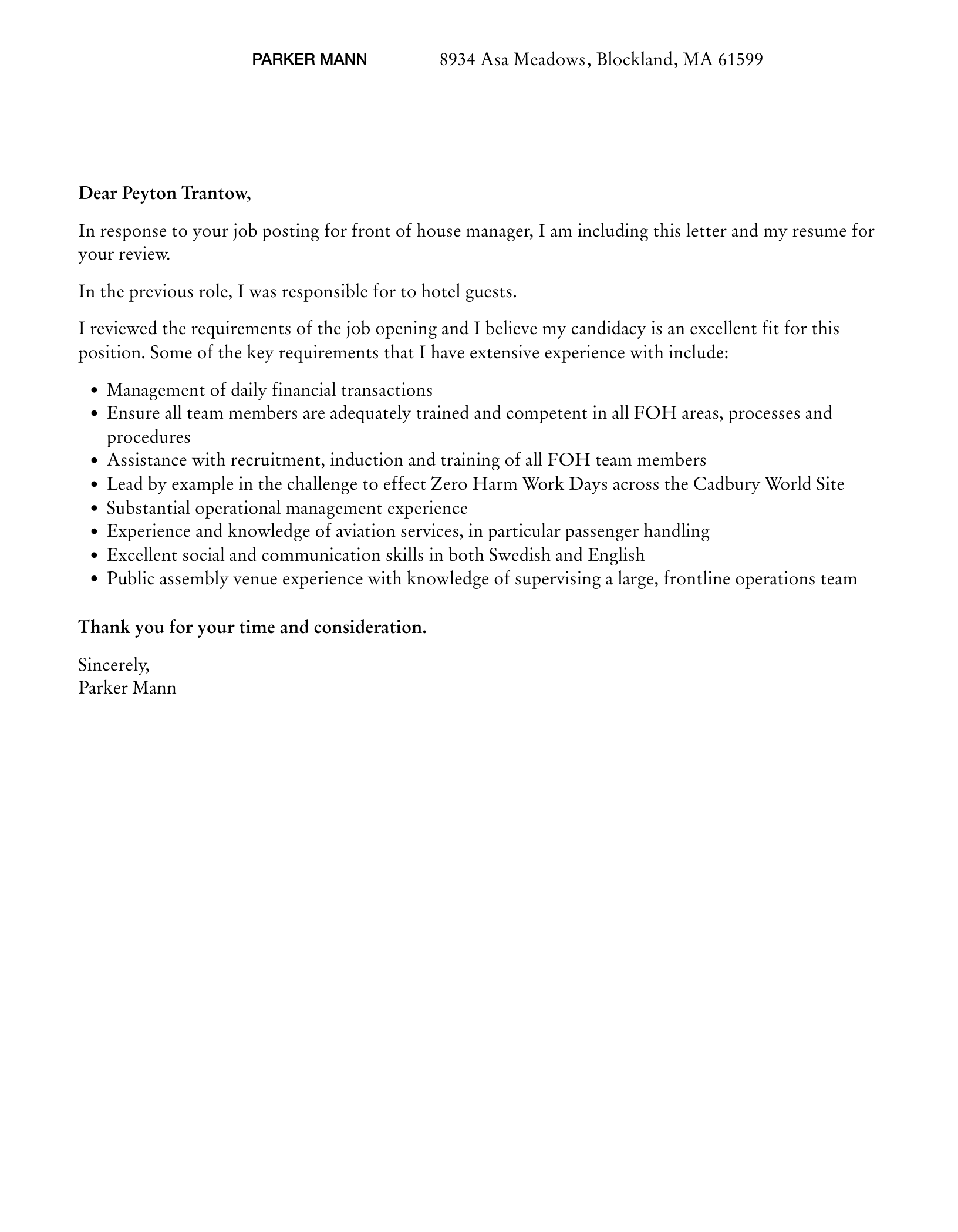Front Of House Manager Cover Letter Velvet Jobs