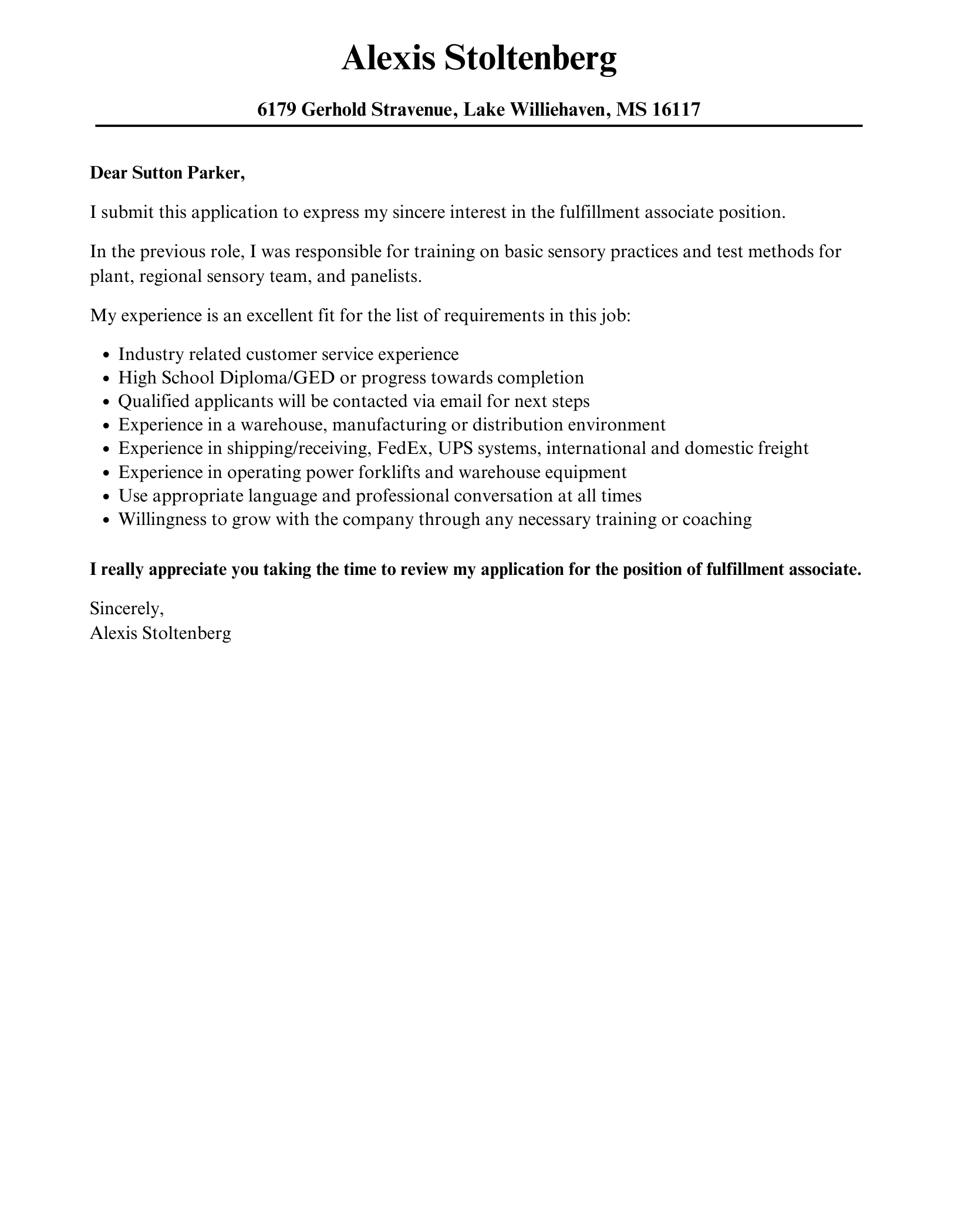 Fulfillment Associate Cover Letter Velvet Jobs