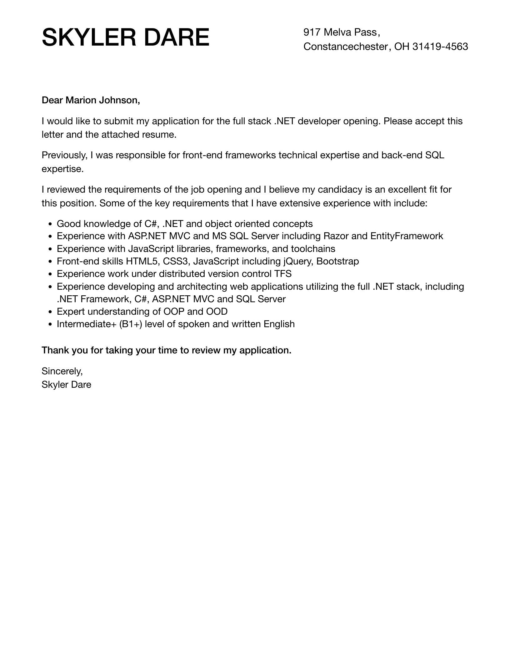 Full Stack NET Developer Cover Letter Velvet Jobs