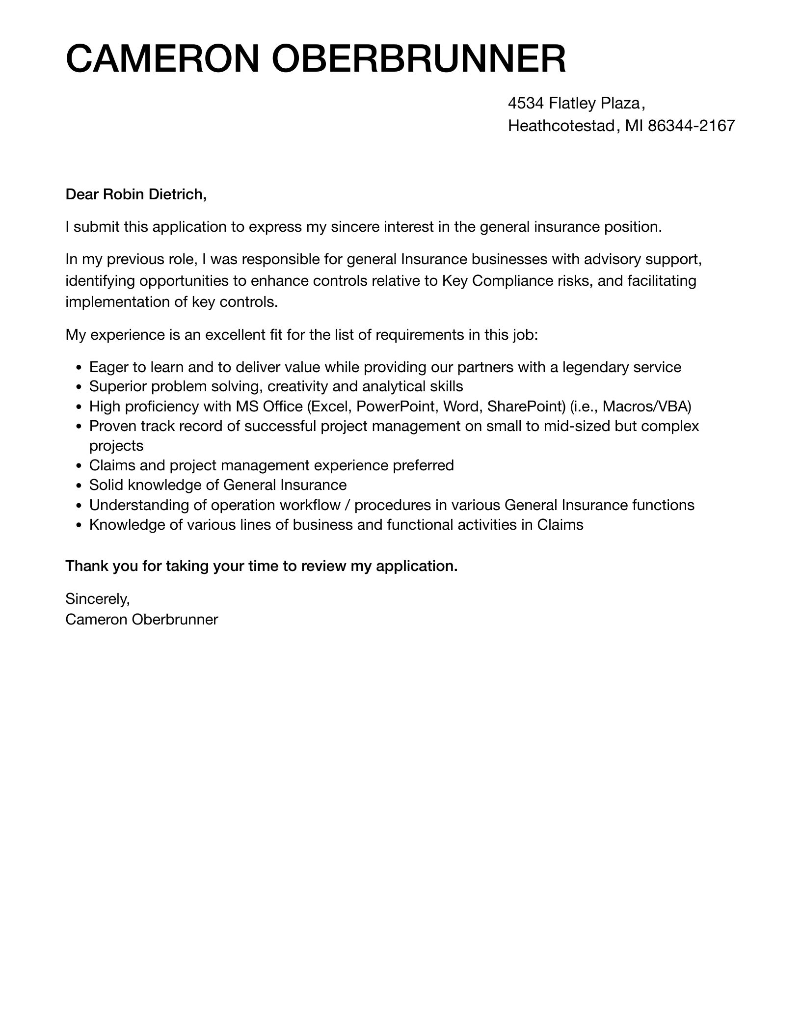 General Insurance Cover Letter Velvet Jobs