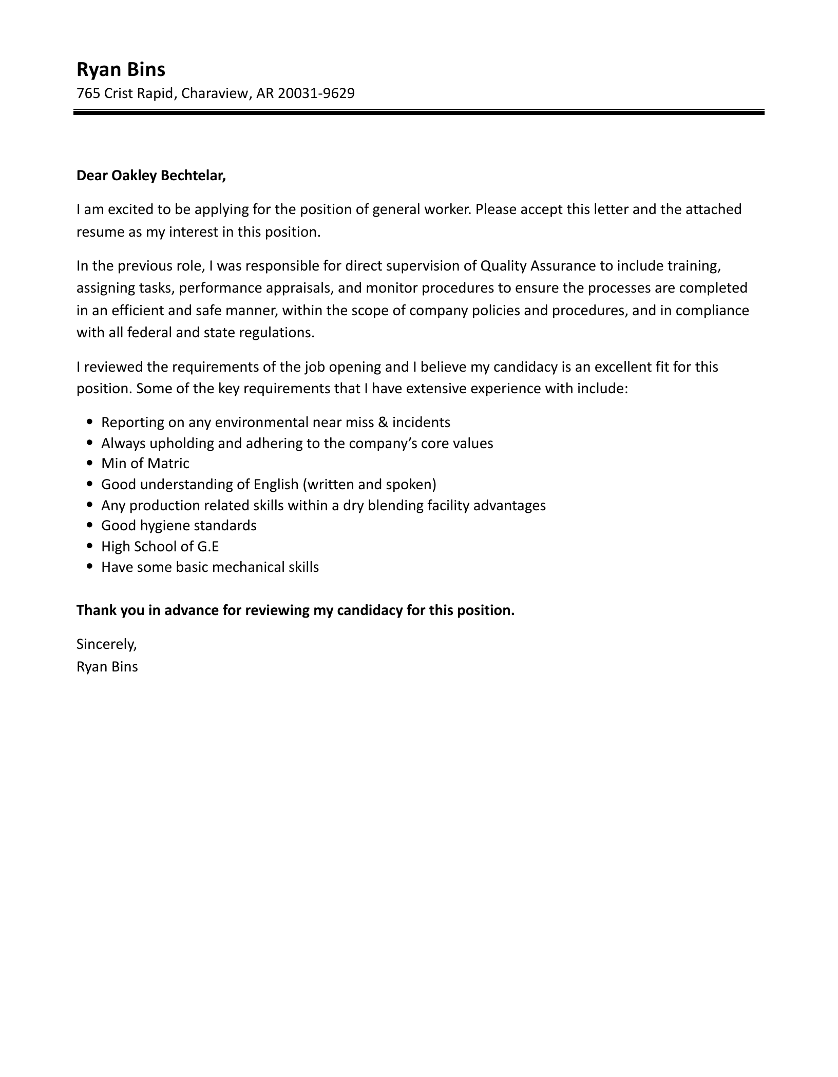 General Worker Cover Letter Velvet Jobs