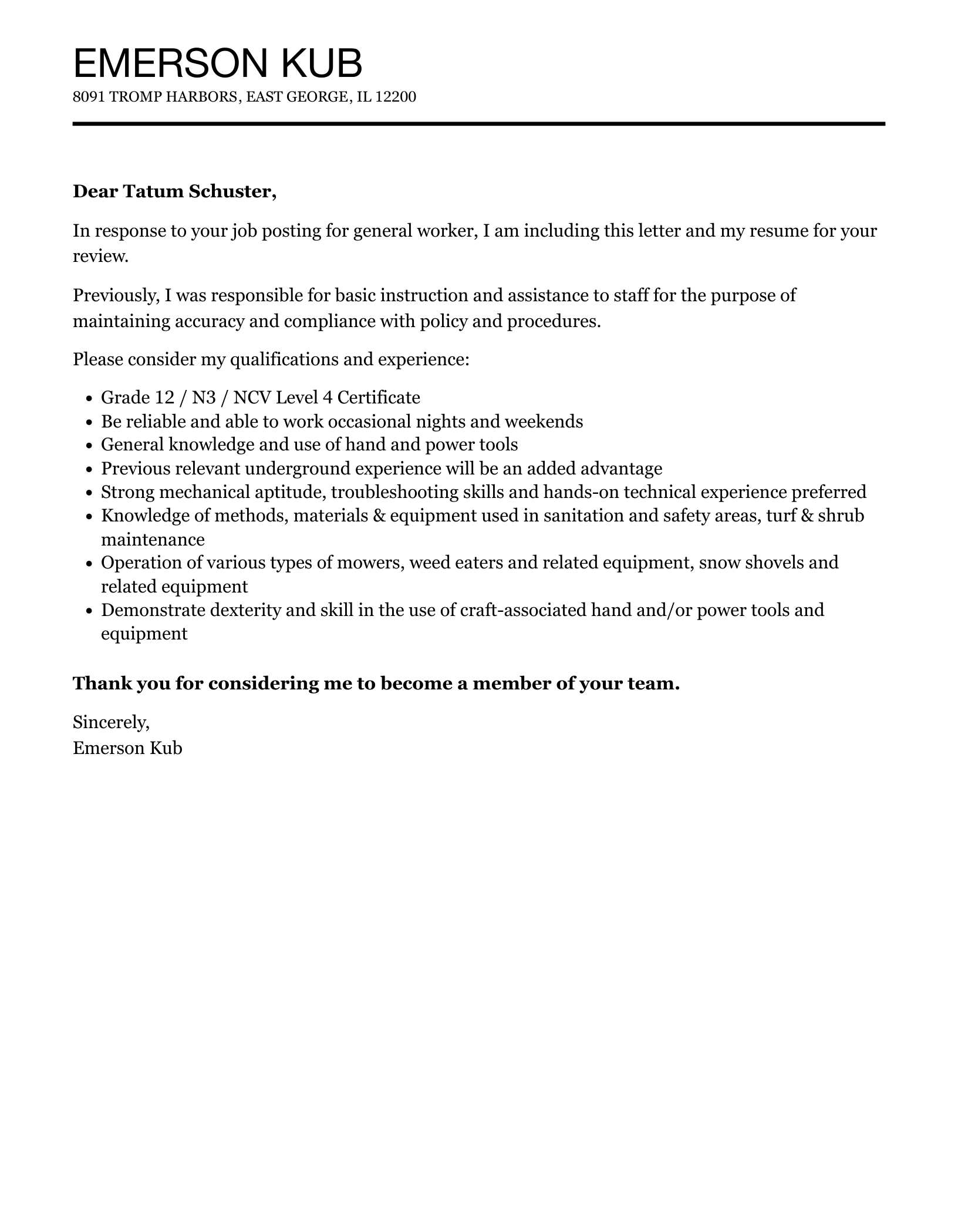 General Worker Cover Letter Velvet Jobs