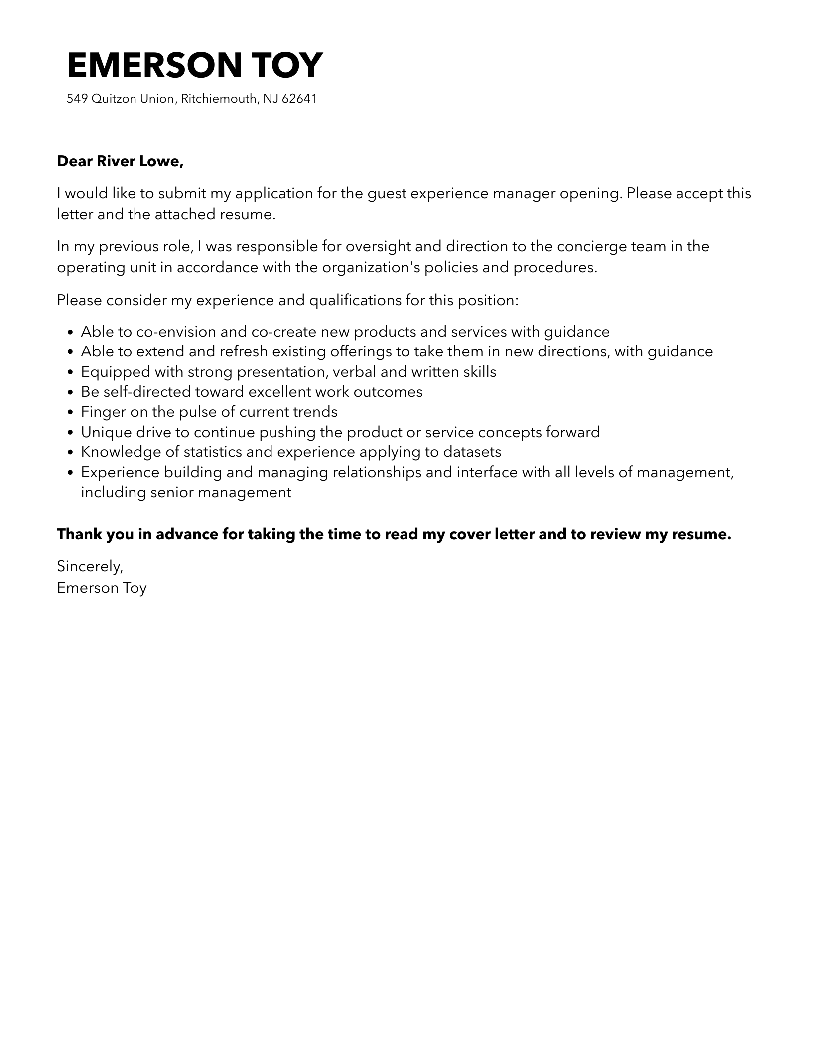 Guest Experience Manager Cover Letter Velvet Jobs