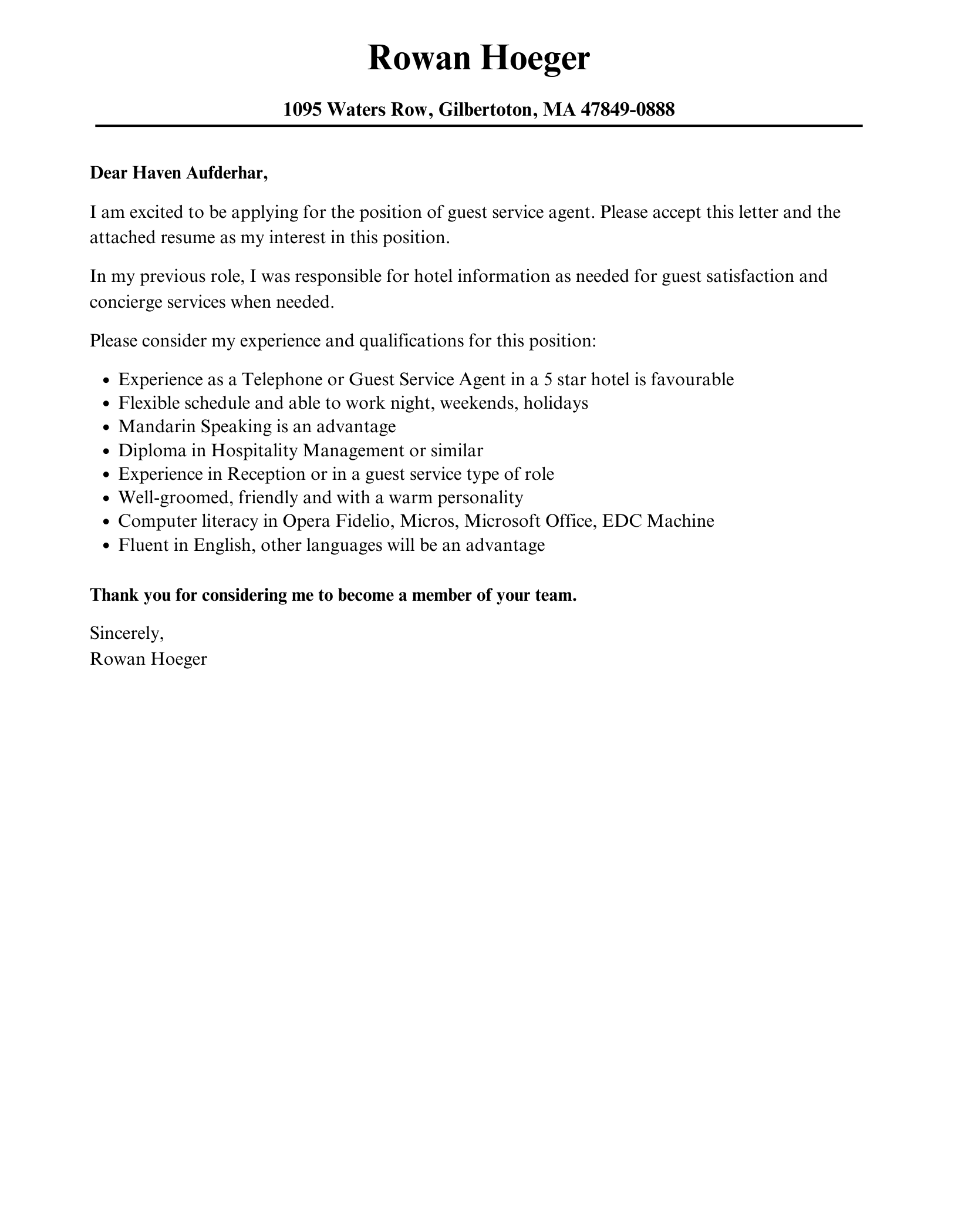 Guest Service Agent Cover Letter Velvet Jobs