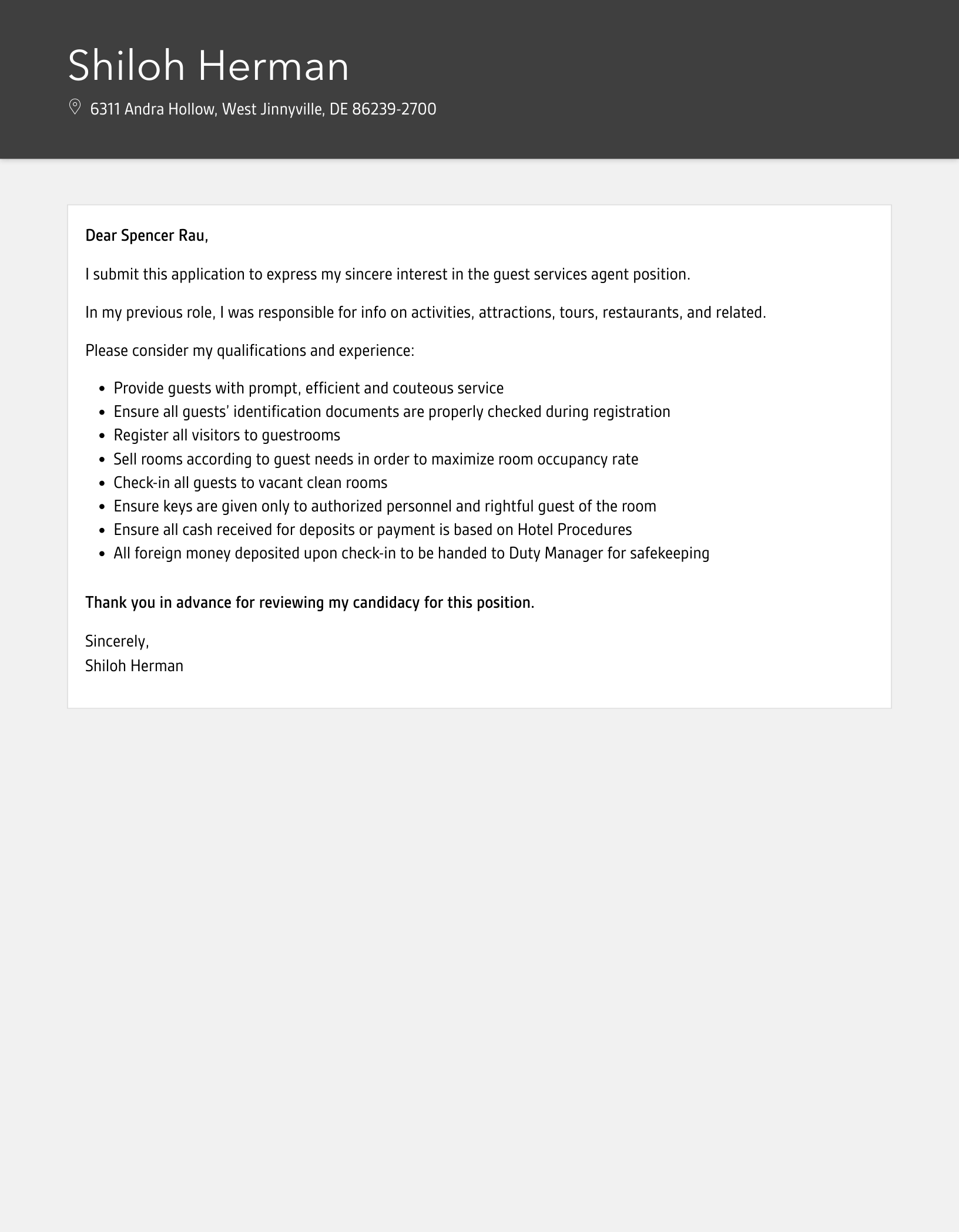 Guest Services Agent Cover Letter Velvet Jobs
