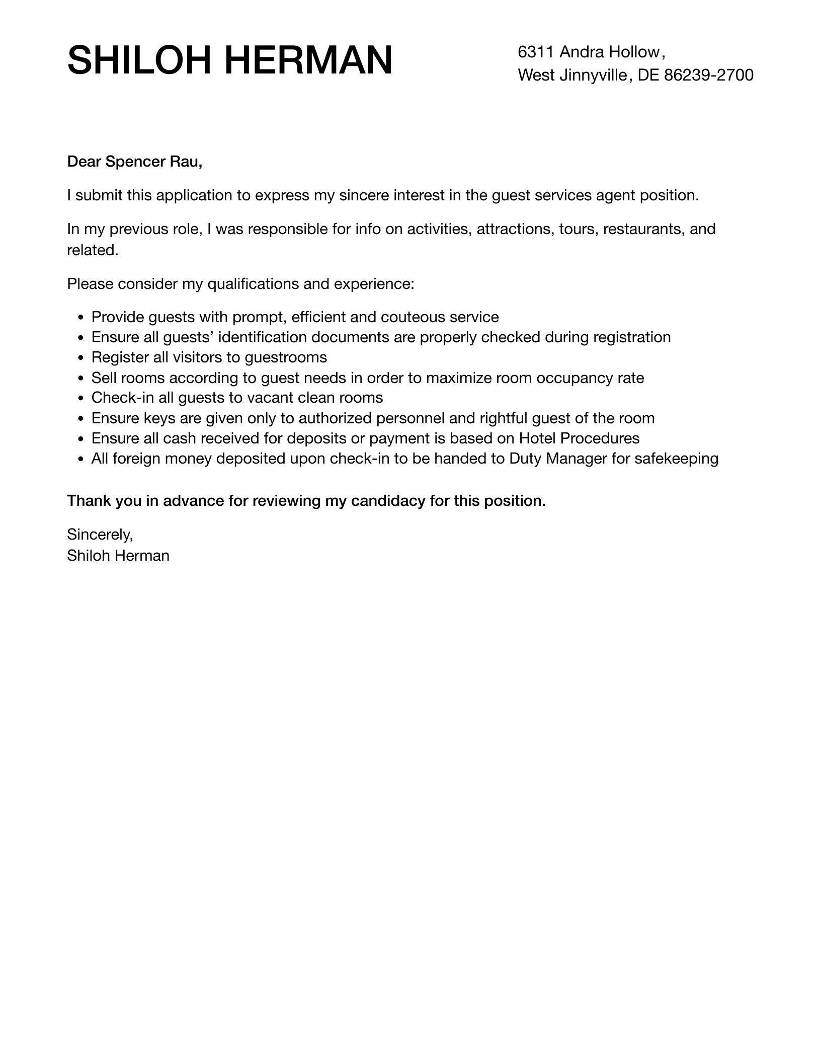 Guest Services Agent Cover Letter Velvet Jobs