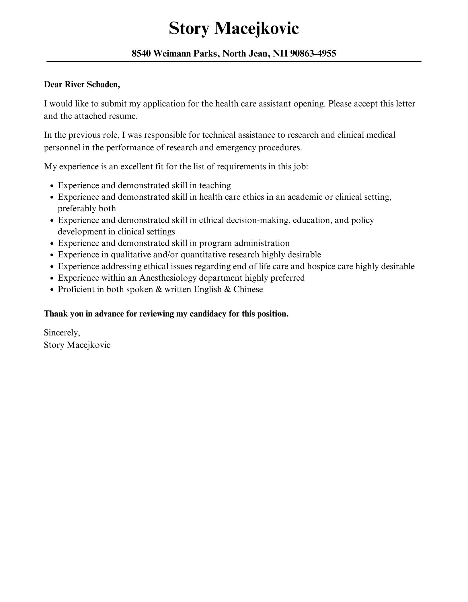 Health Care Assistant Cover Letter Velvet Jobs