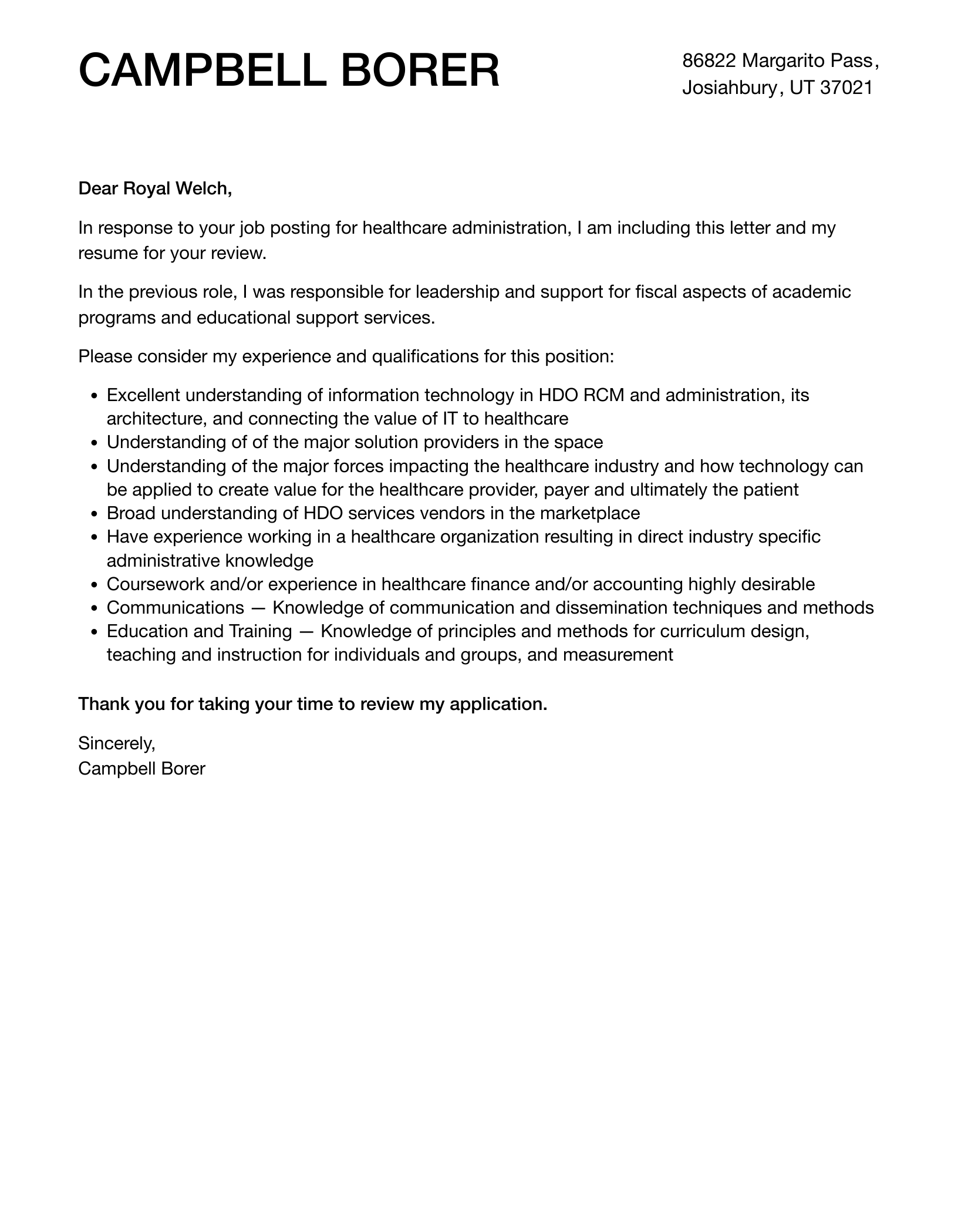Healthcare Administration Cover Letter