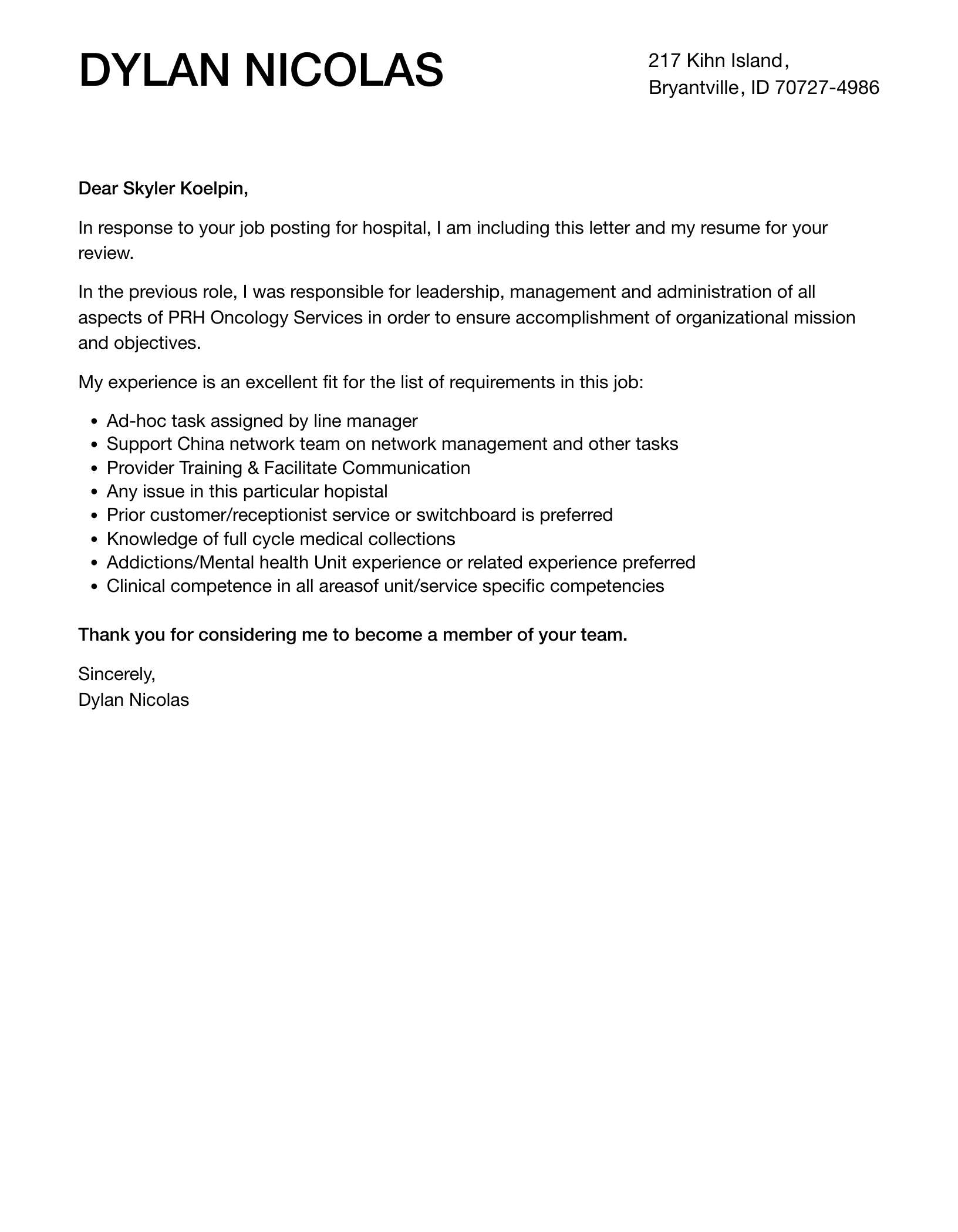Hospital Cover Letter Velvet Jobs