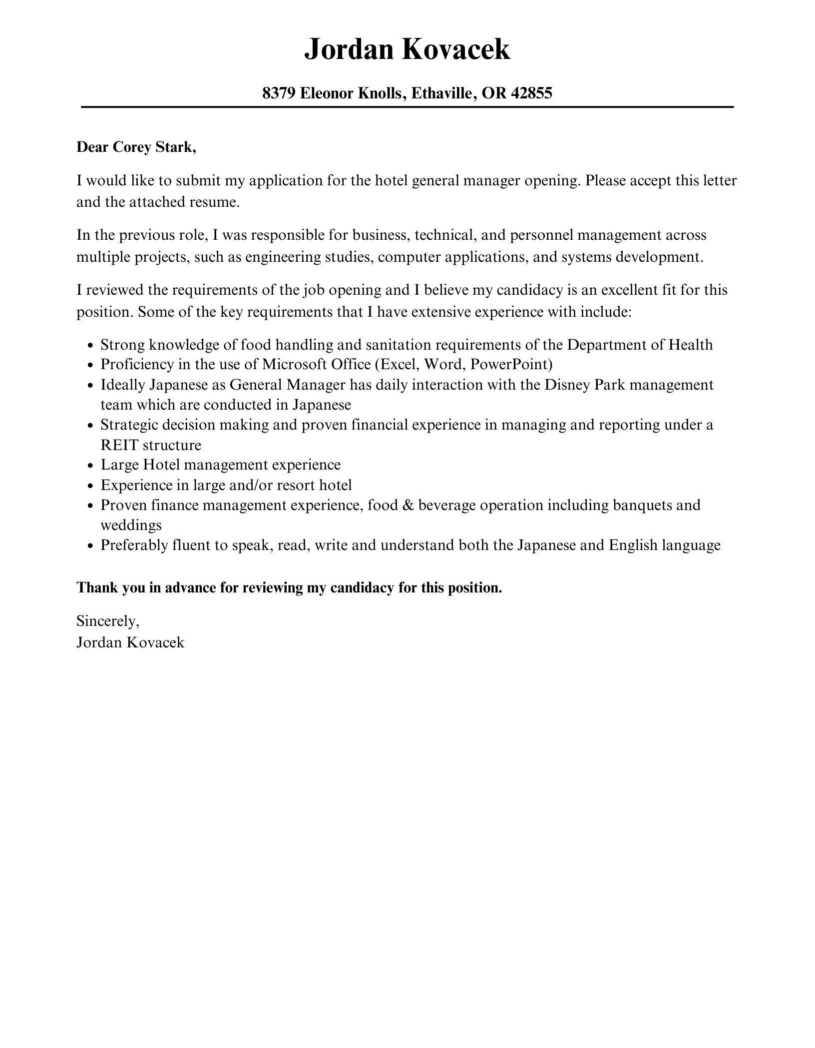 Cover Letter To General Manager