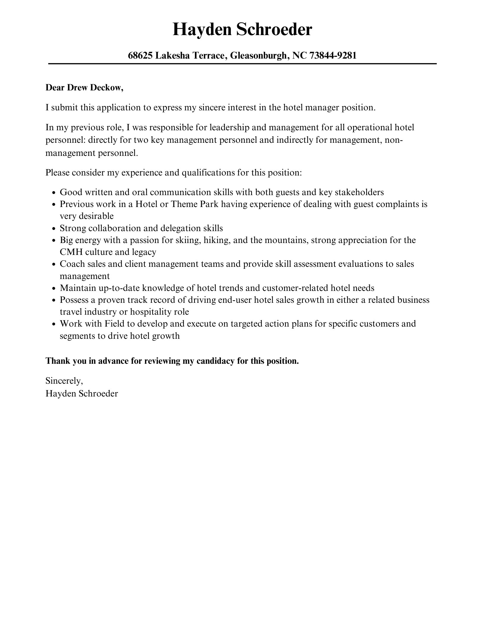 Hotel Manager Cover Letter Velvet Jobs