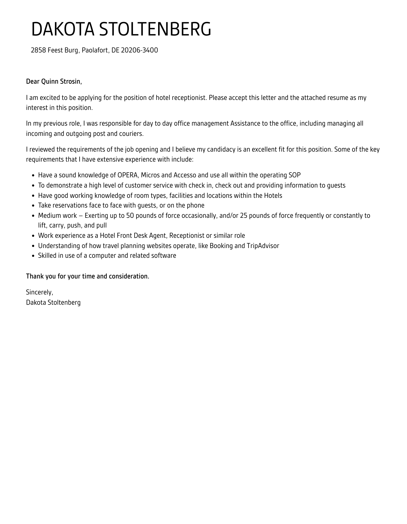 Hotel Receptionist Cover Letter Velvet Jobs
