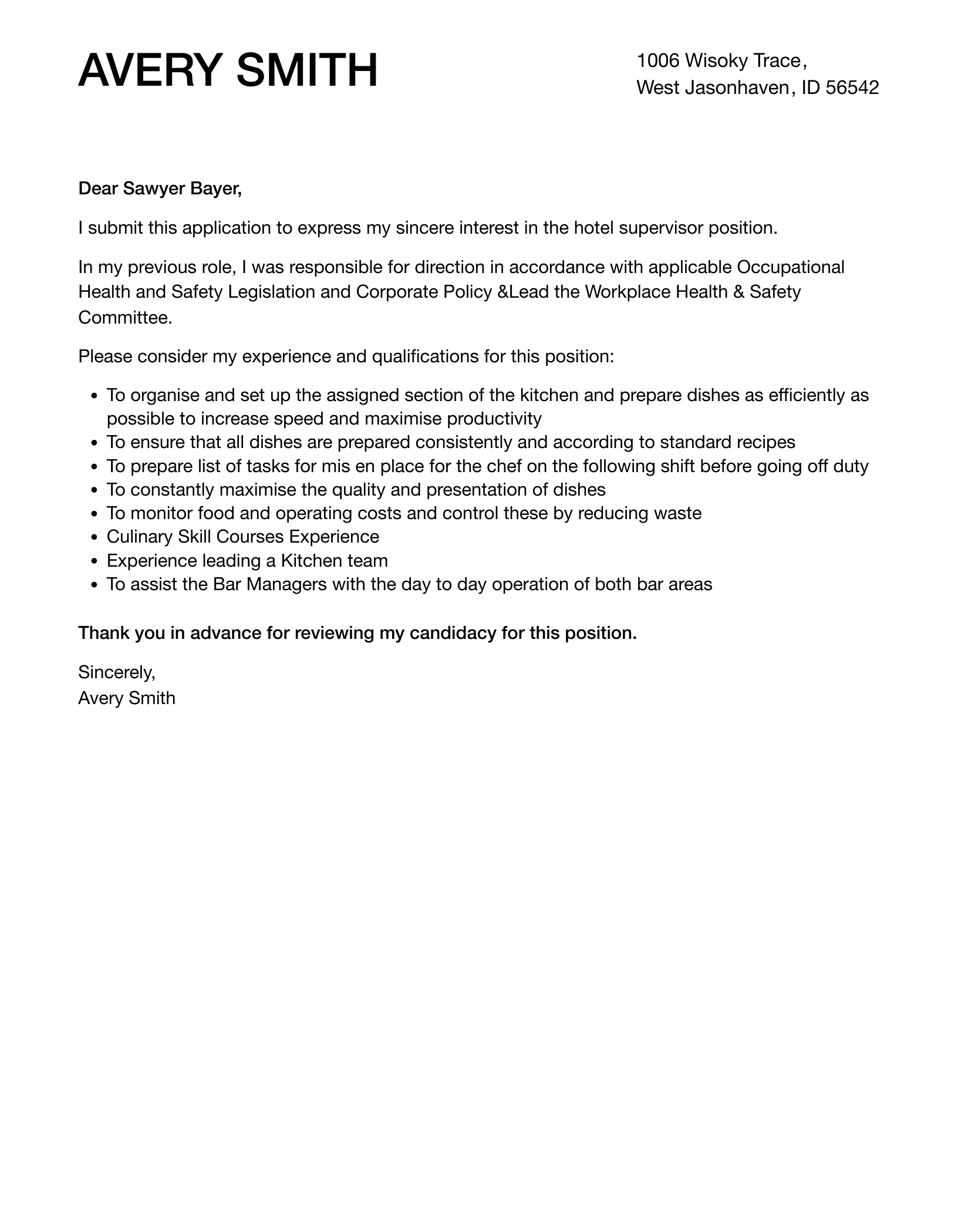 Hotel Supervisor Cover Letter Velvet Jobs