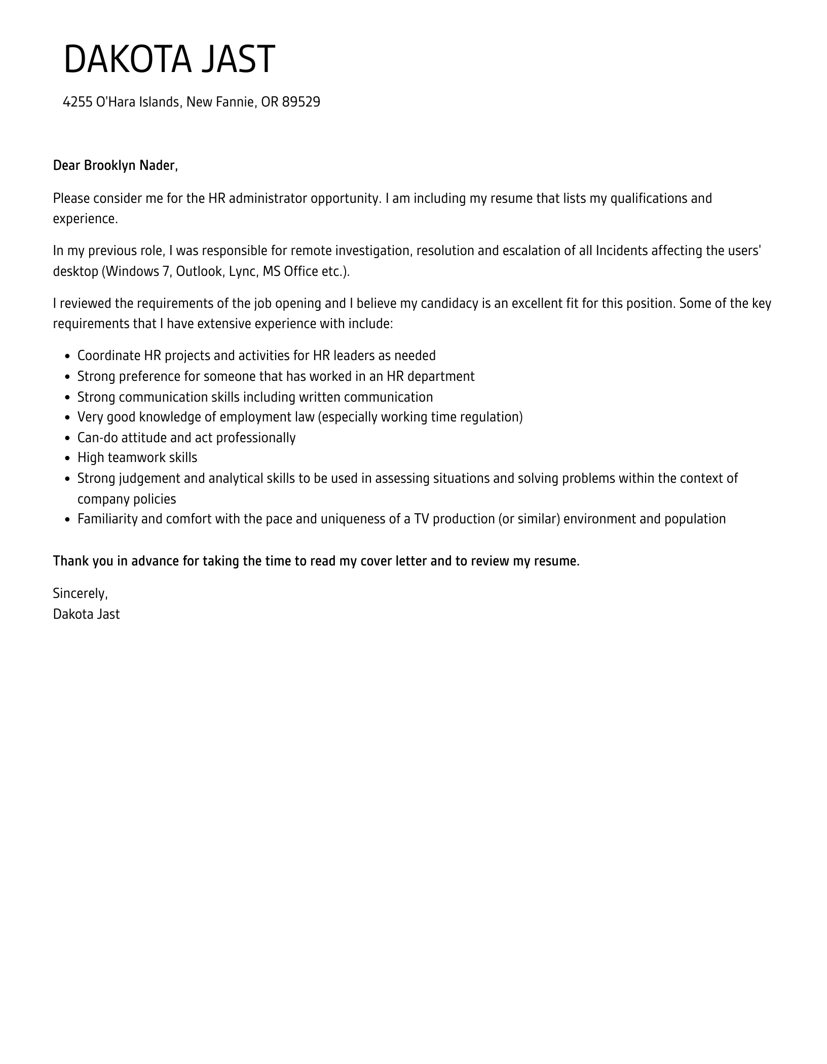 HR Administrator Cover Letter Velvet Jobs