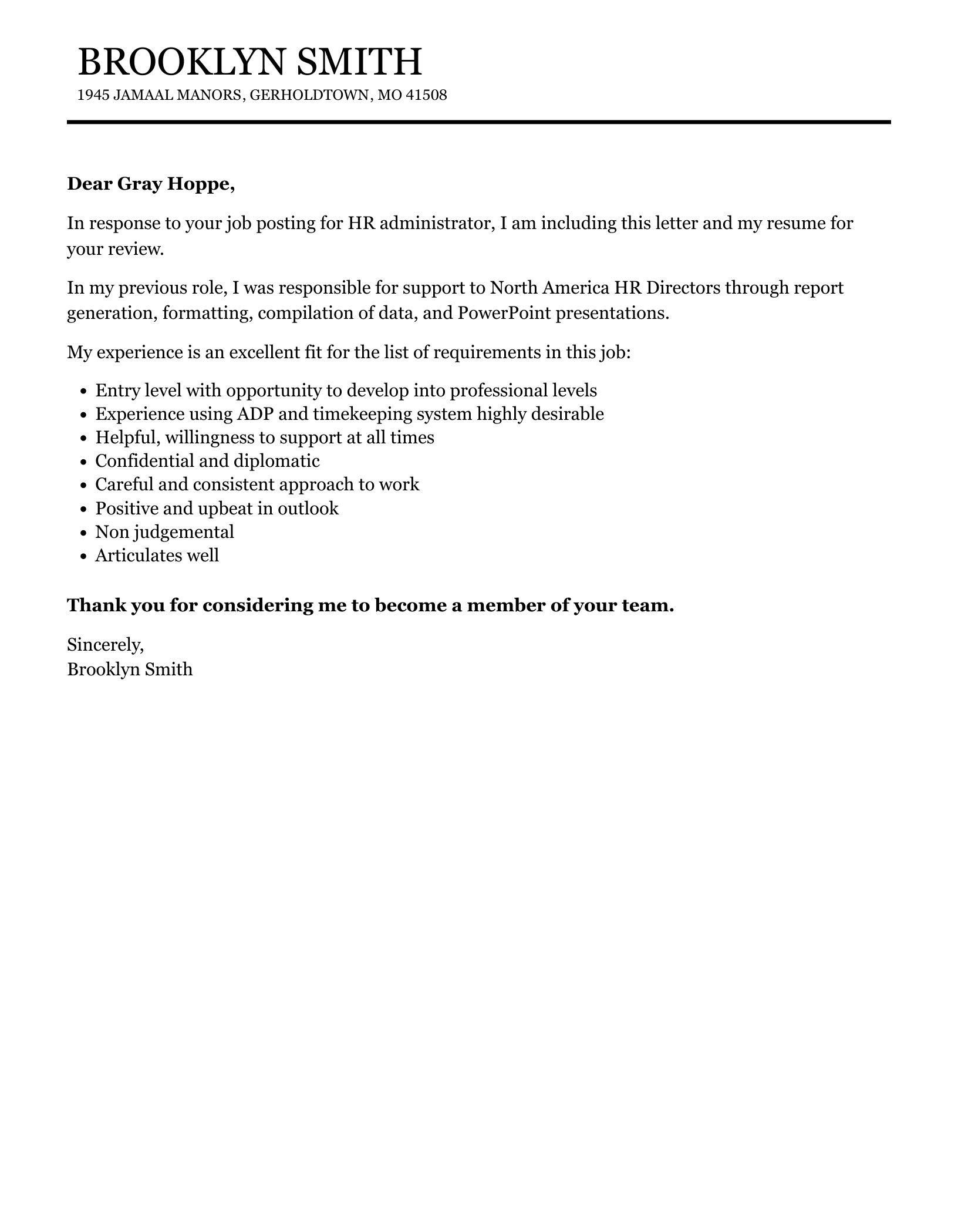 HR Administrator Cover Letter Velvet Jobs