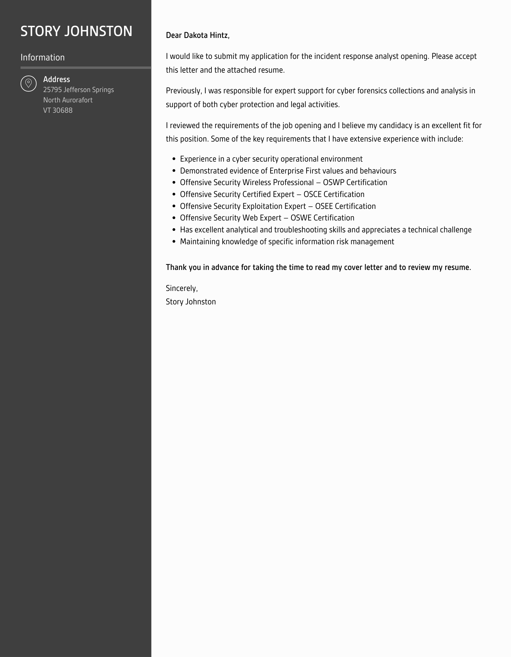 Incident Response Analyst Cover Letter Velvet Jobs