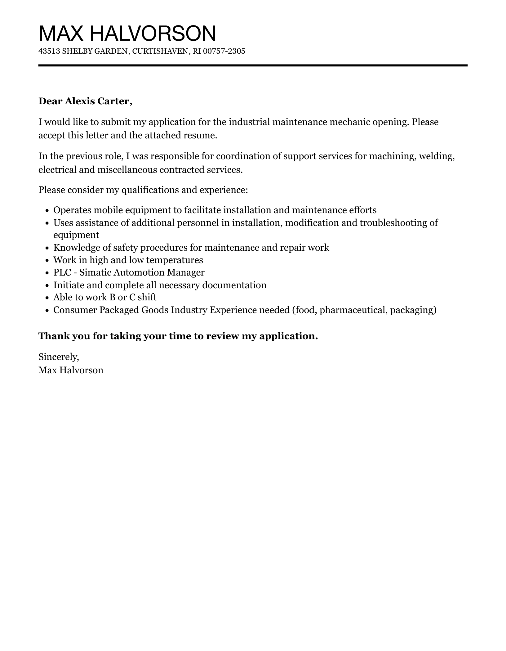 Industrial Maintenance Mechanic Cover Letter Velvet Jobs
