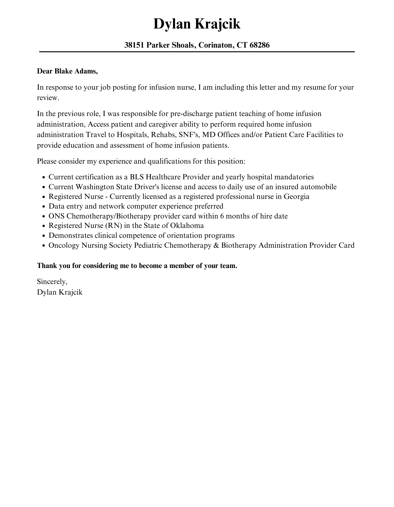 Infusion Nurse Cover Letter Velvet Jobs