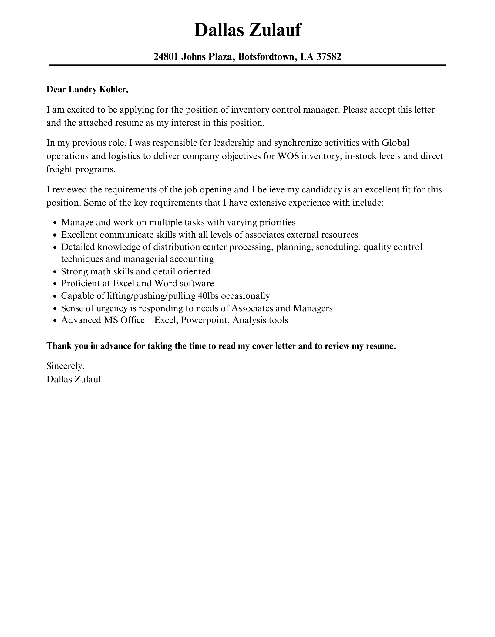 Inventory Control Manager Cover Letter Velvet Jobs