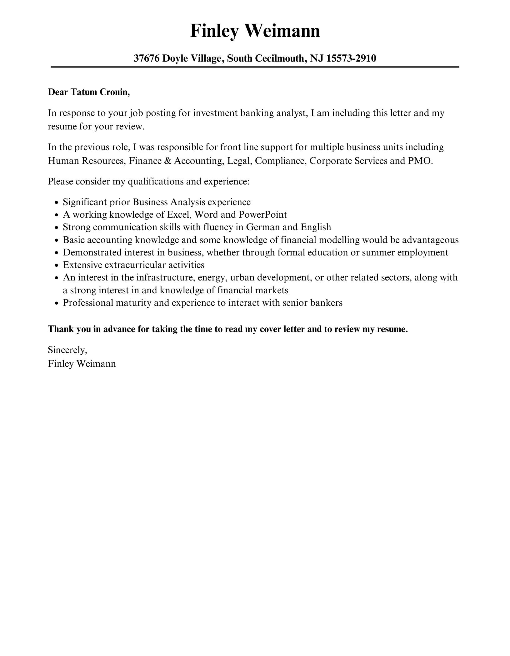 Investment Banking Analyst Cover Letter Velvet Jobs