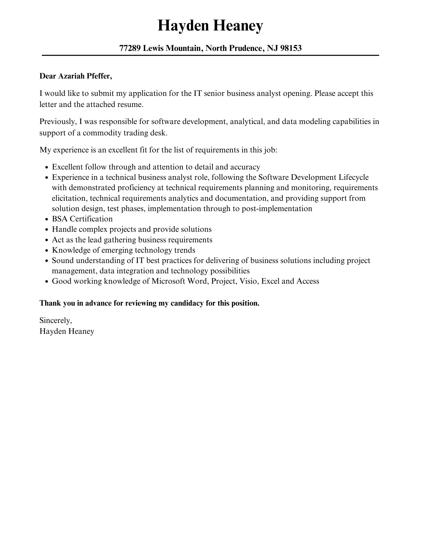 IT Senior Business Analyst Cover Letter Velvet Jobs