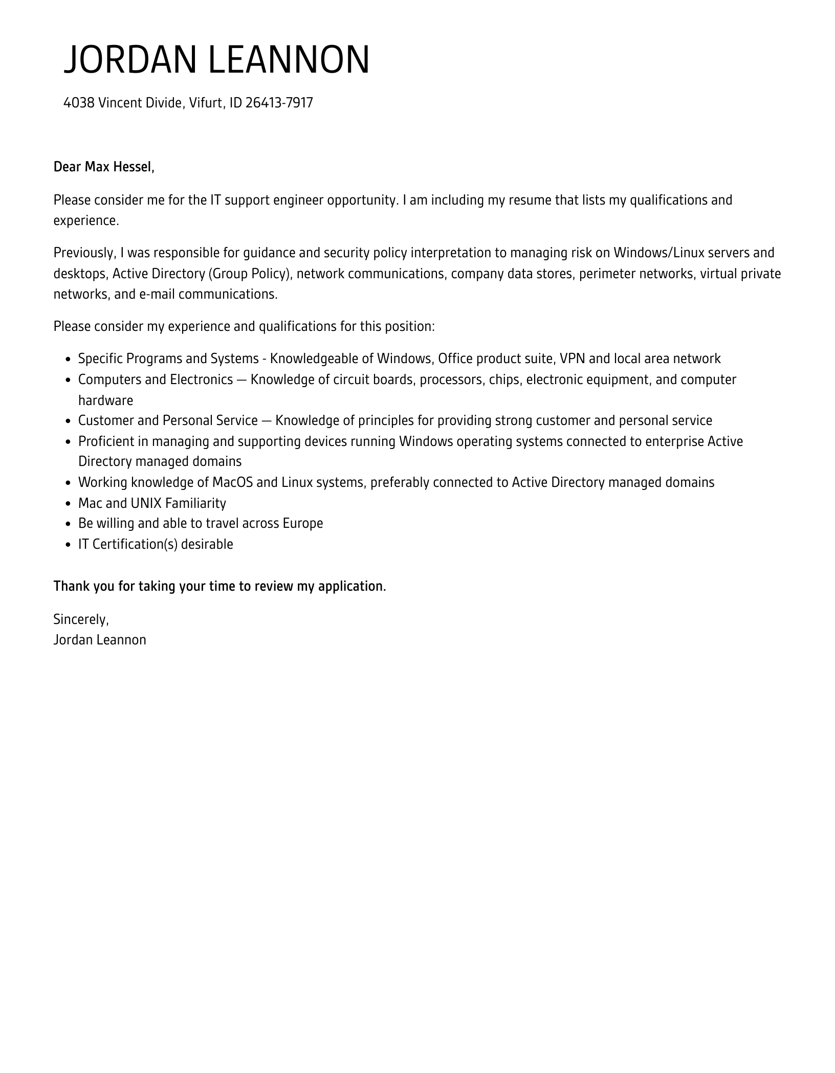 IT Support Engineer Cover Letter Velvet Jobs