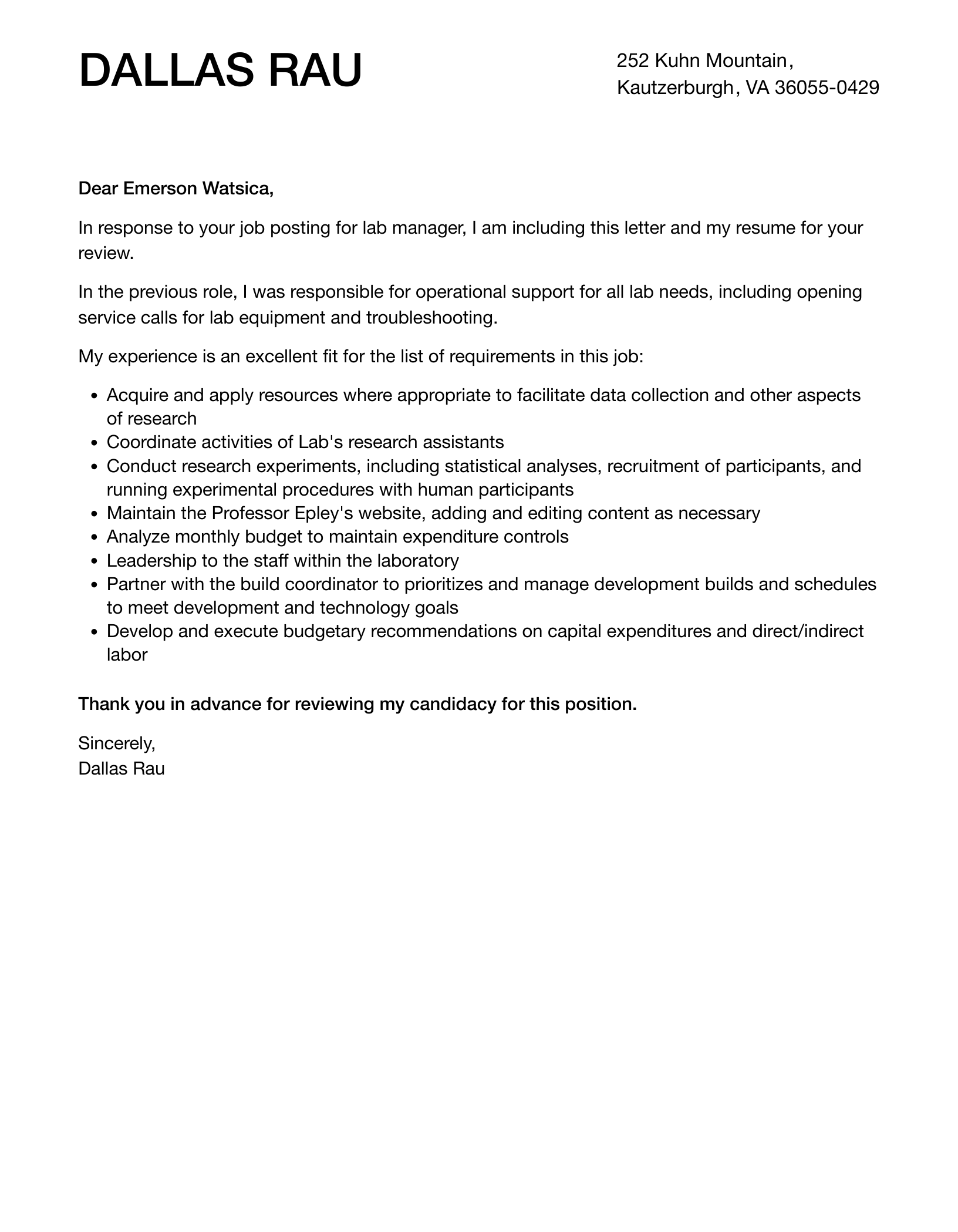 Lab Manager Cover Letter Velvet Jobs