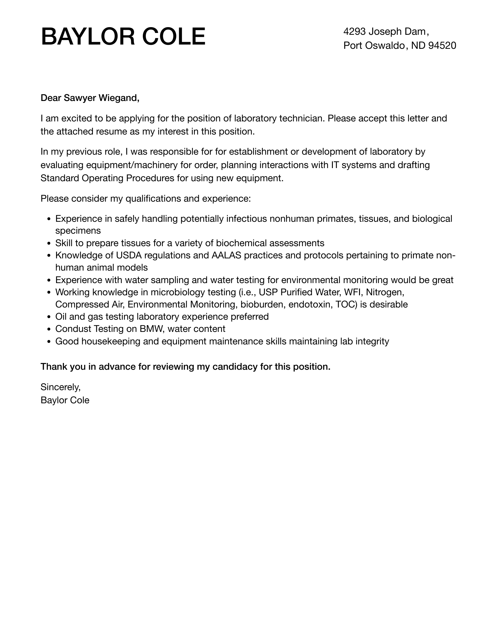 Cover Letter For Lab Technician Position
