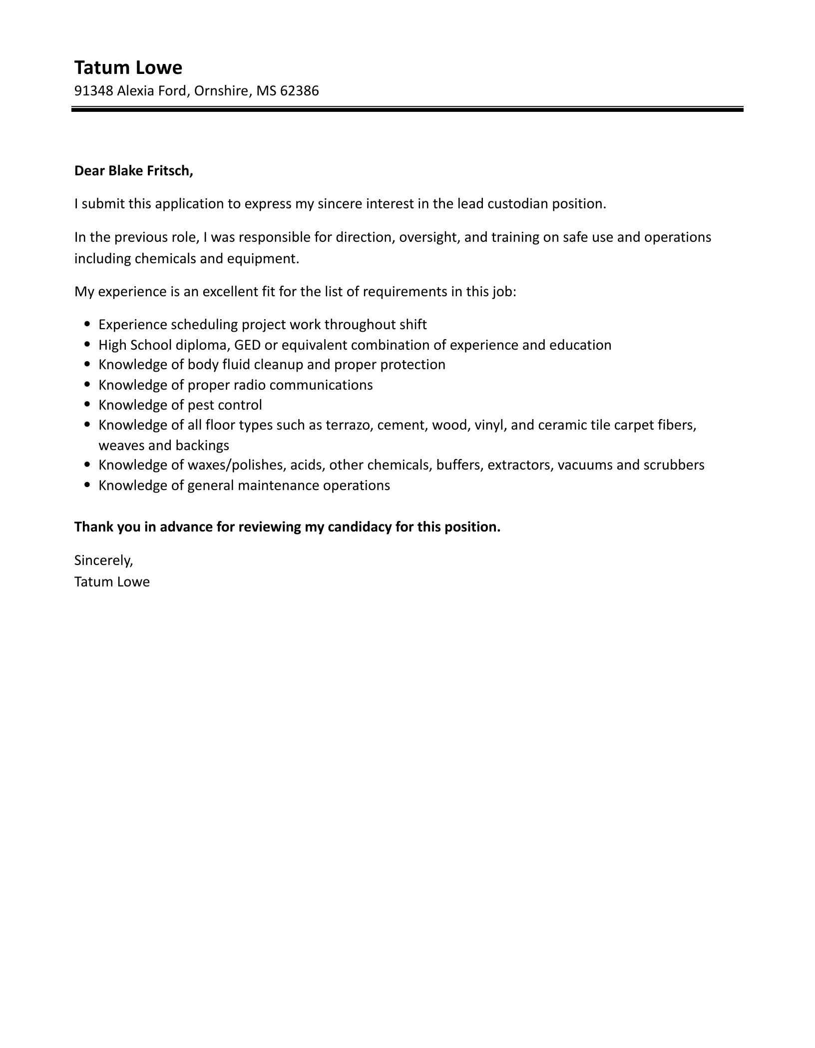 Lead Custodian Cover Letter Velvet Jobs