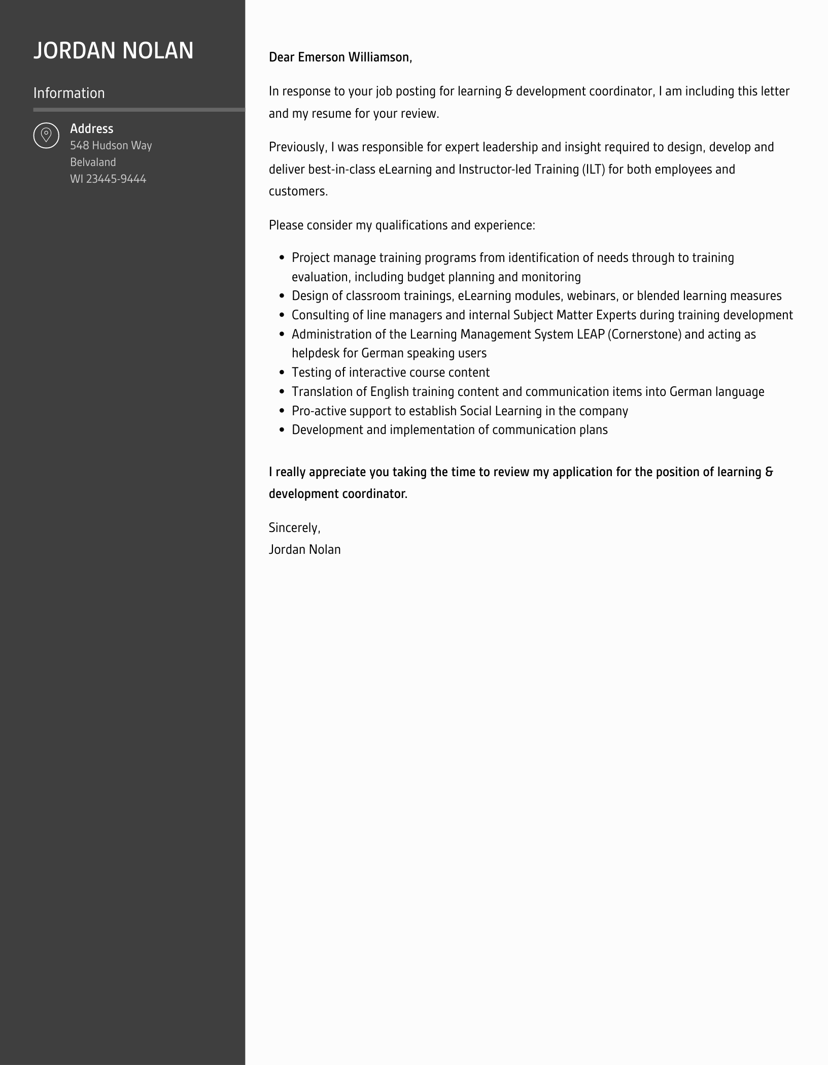 Learning Development Coordinator Cover Letter Velvet Jobs