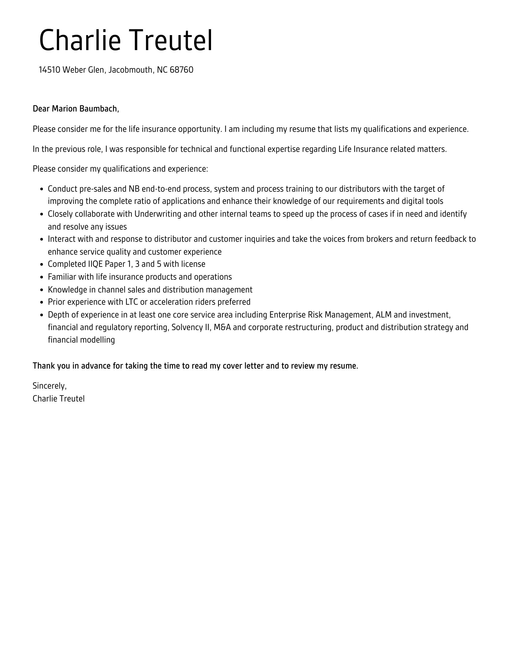 Life Insurance Cover Letter Velvet Jobs