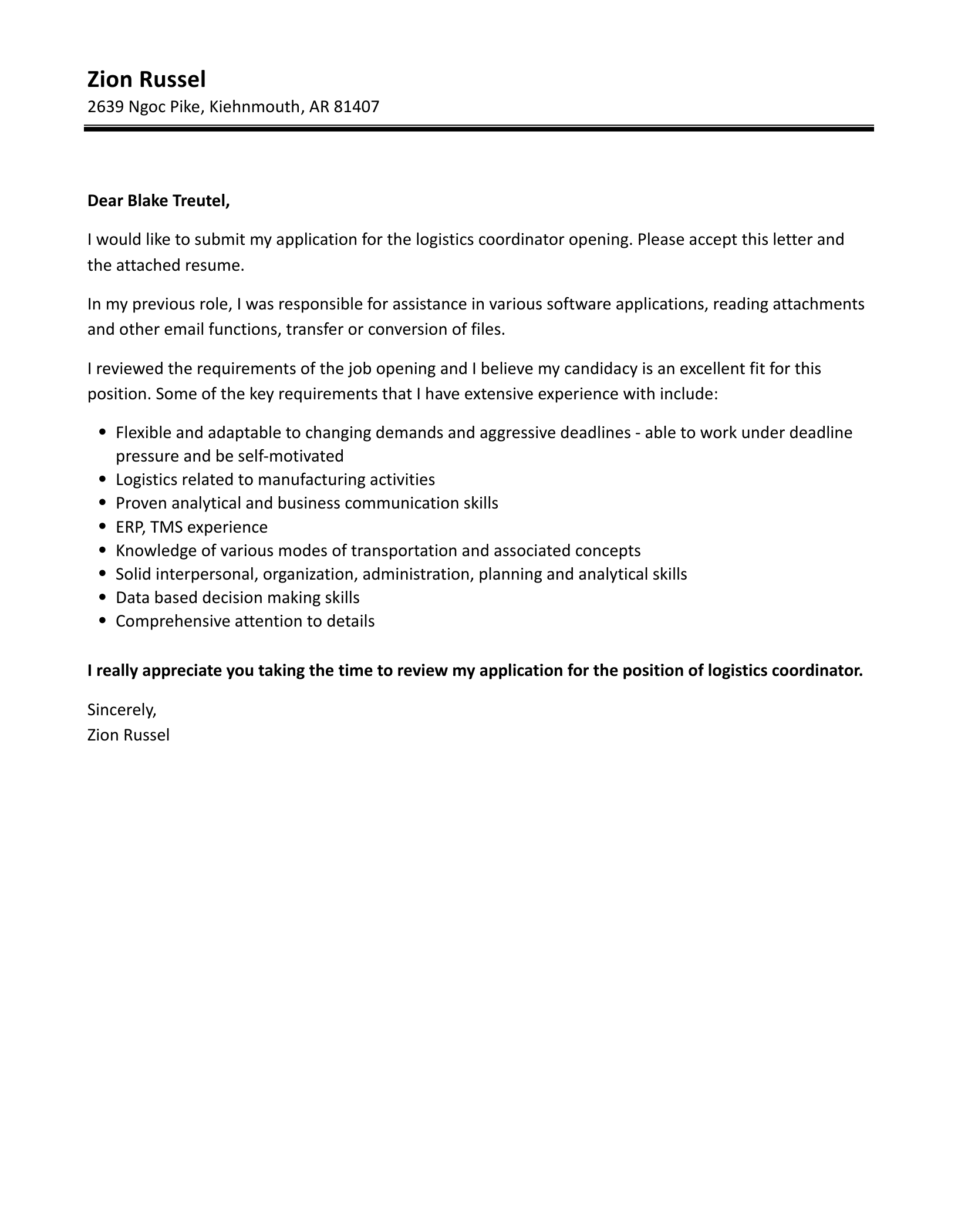 Logistics Coordinator Cover Letter Velvet Jobs
