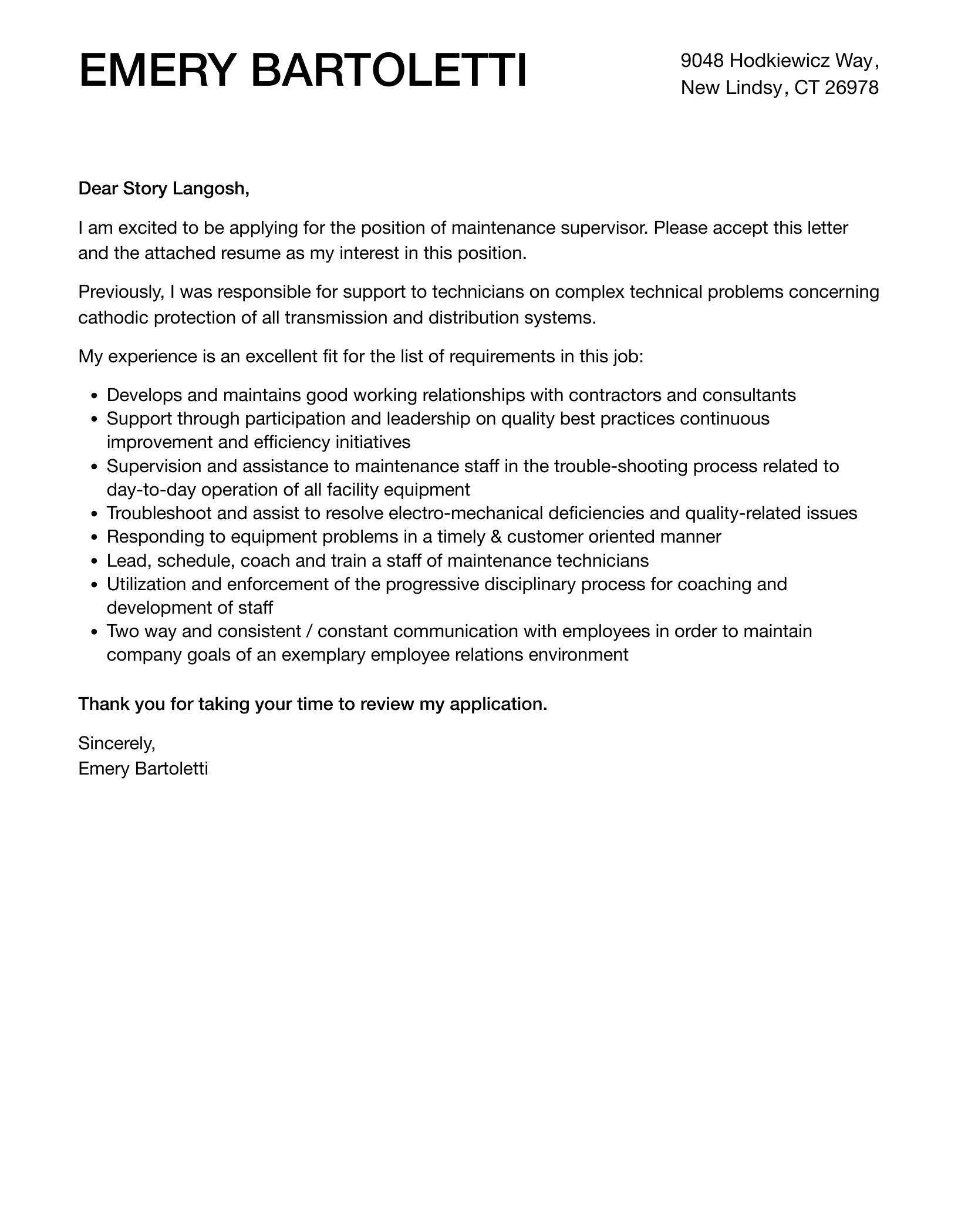 Maintenance Supervisor Cover Letter Velvet Jobs