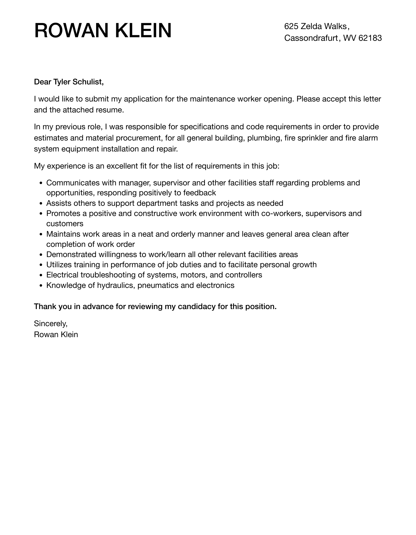 Maintenance Worker Cover Letter Velvet Jobs