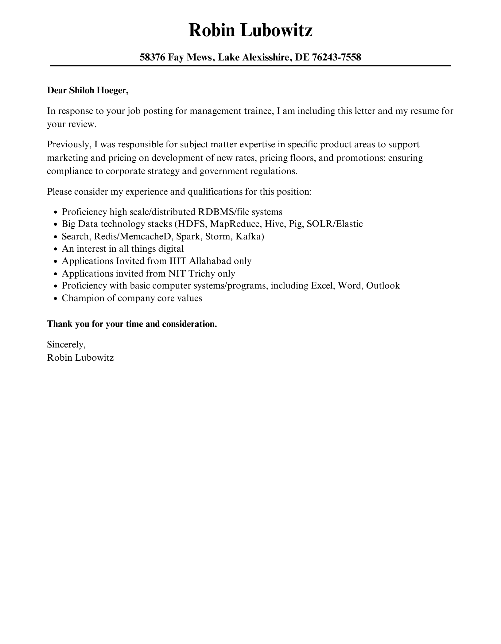 Management Trainee Cover Letter Velvet Jobs
