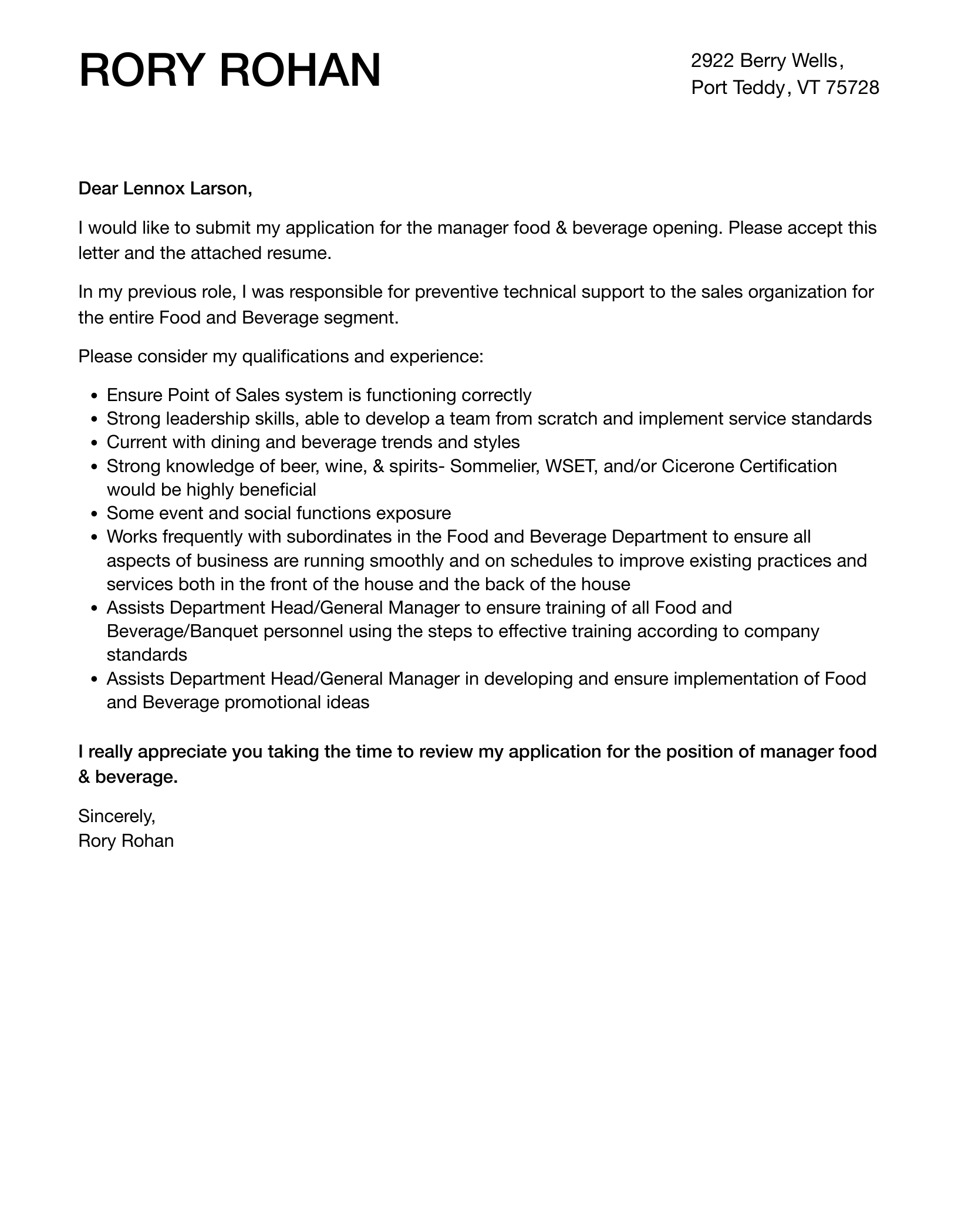 Manager Food Beverage Cover Letter Velvet Jobs